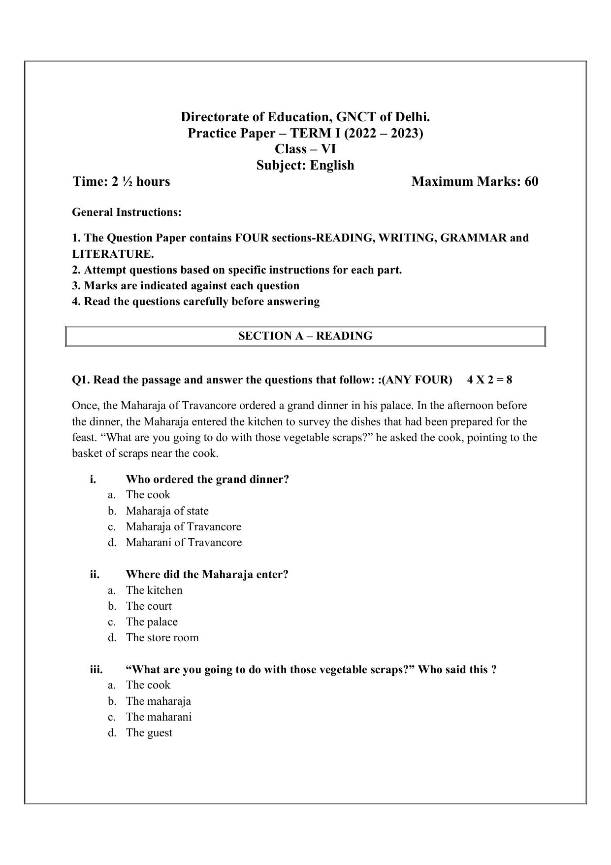 Edudel Class 6 English Sample Question Paper - IndCareer Docs