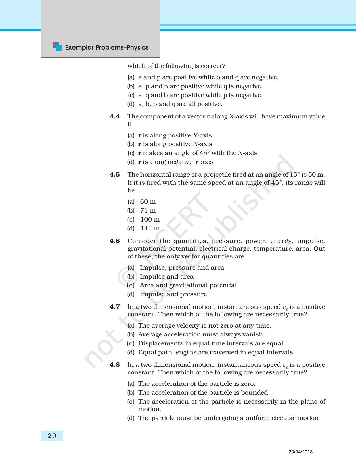 NCERT Exemplar Book for Class 11 Physics Chapter 3 Motion