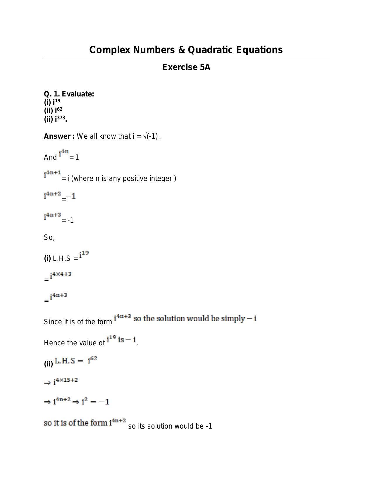 RS Aggarwal Solutions for 11th Class Maths Chapter 5-Complex Numbers and Quadratic Equations ...