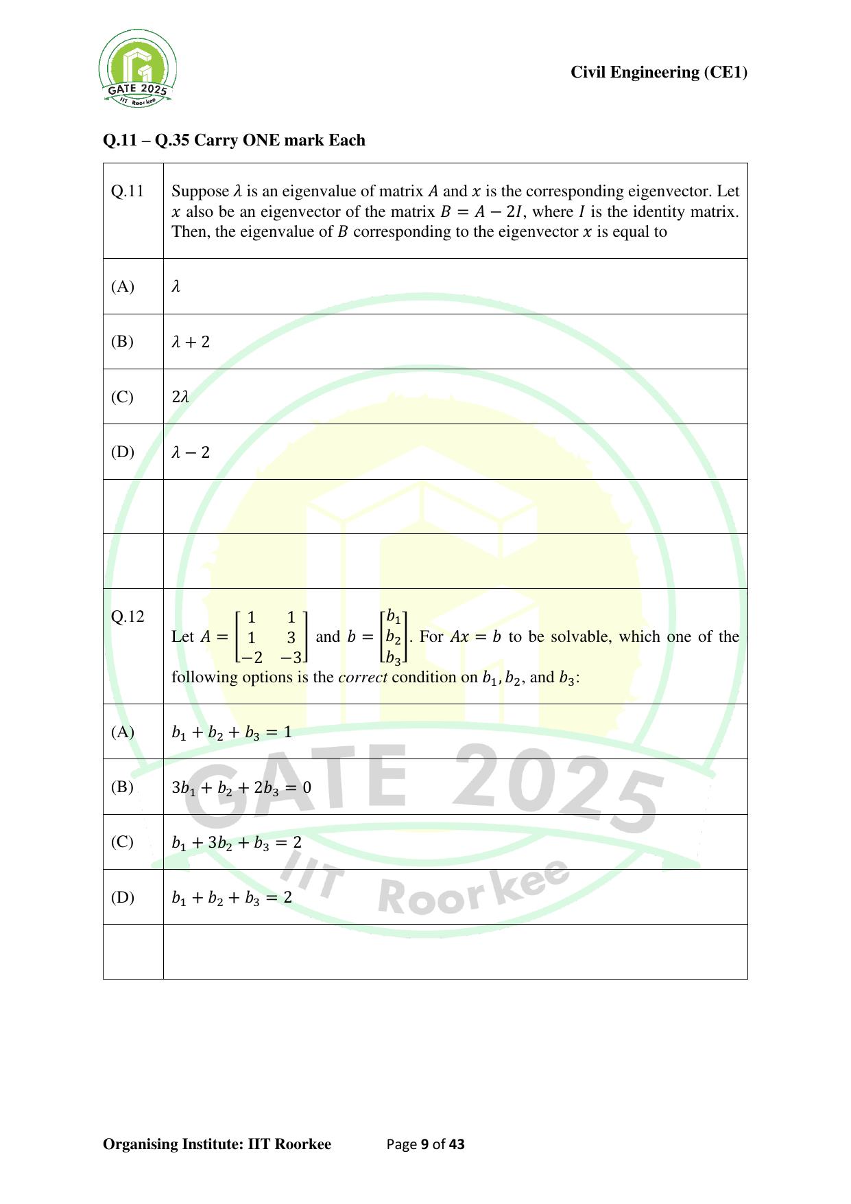 GATE 2025 Civil Engineering (CE-1) (Forenoon) Question Paper ...