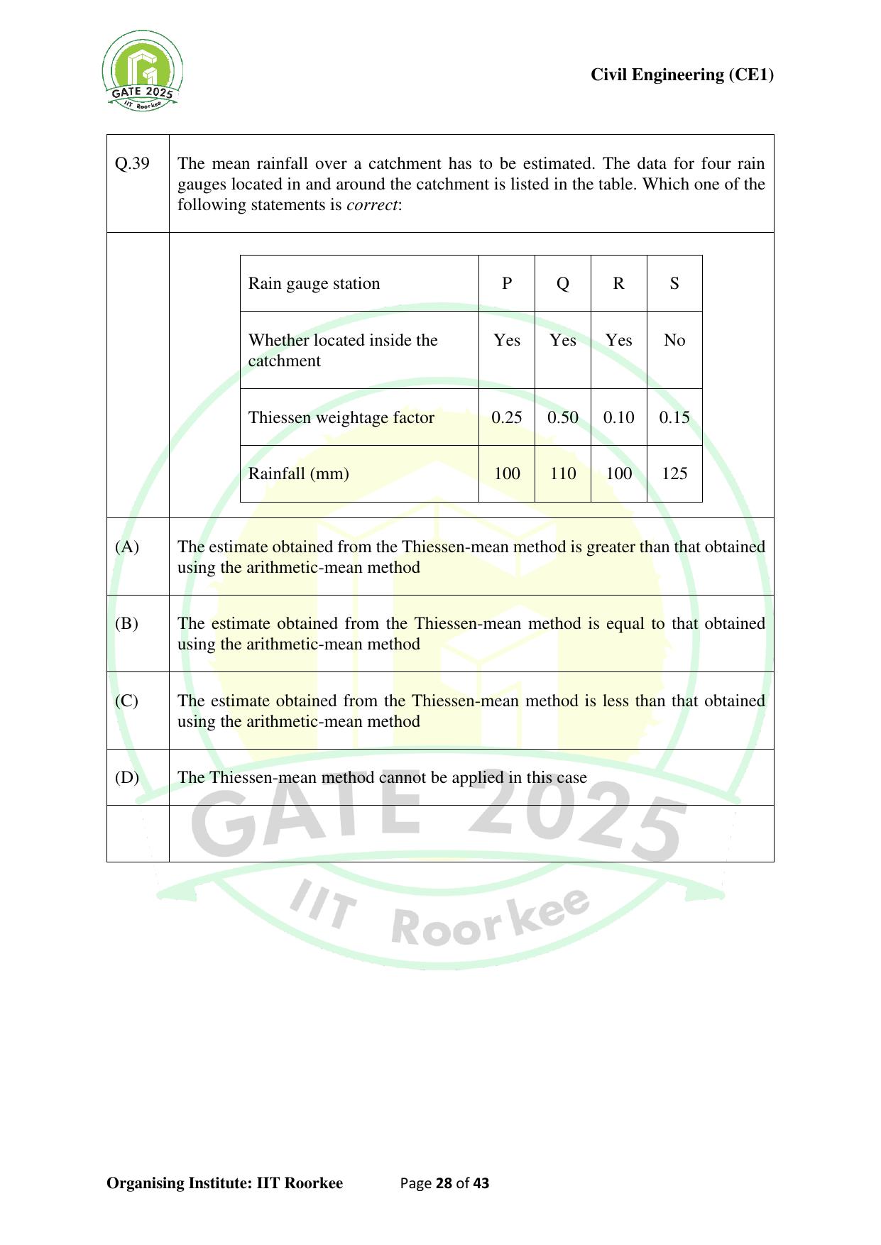GATE 2025 Civil Engineering (CE-1) (Forenoon) Question Paper ...