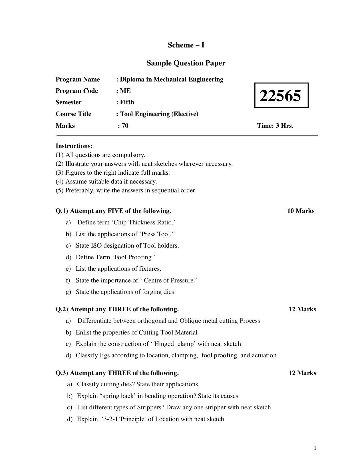 MSBTE Summer Question Paper 2019 - Tool Engineering (Elective) - IndCareer Docs