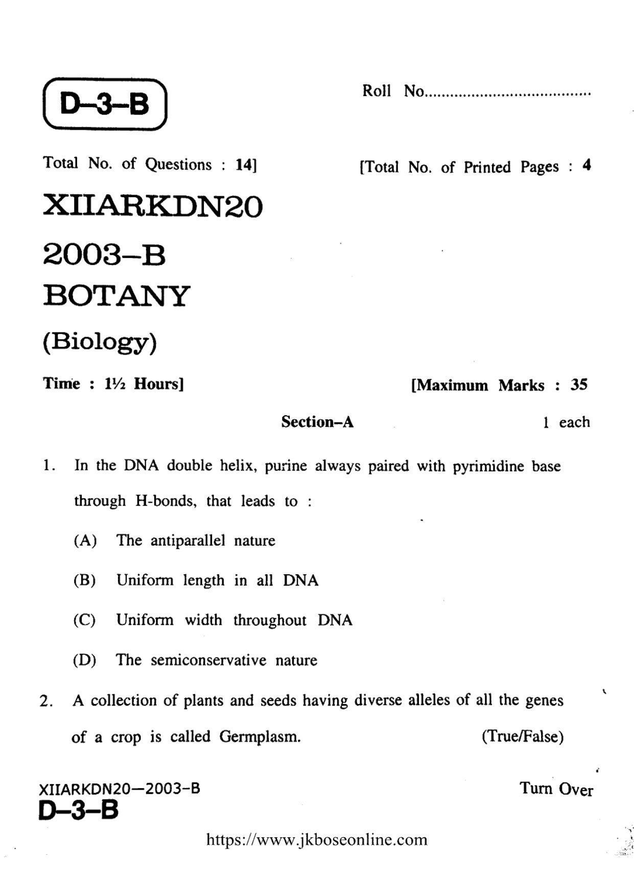 JKBOSE Class 12 Biology-Botany 2003-B Question Papers 2020 - IndCareer Docs