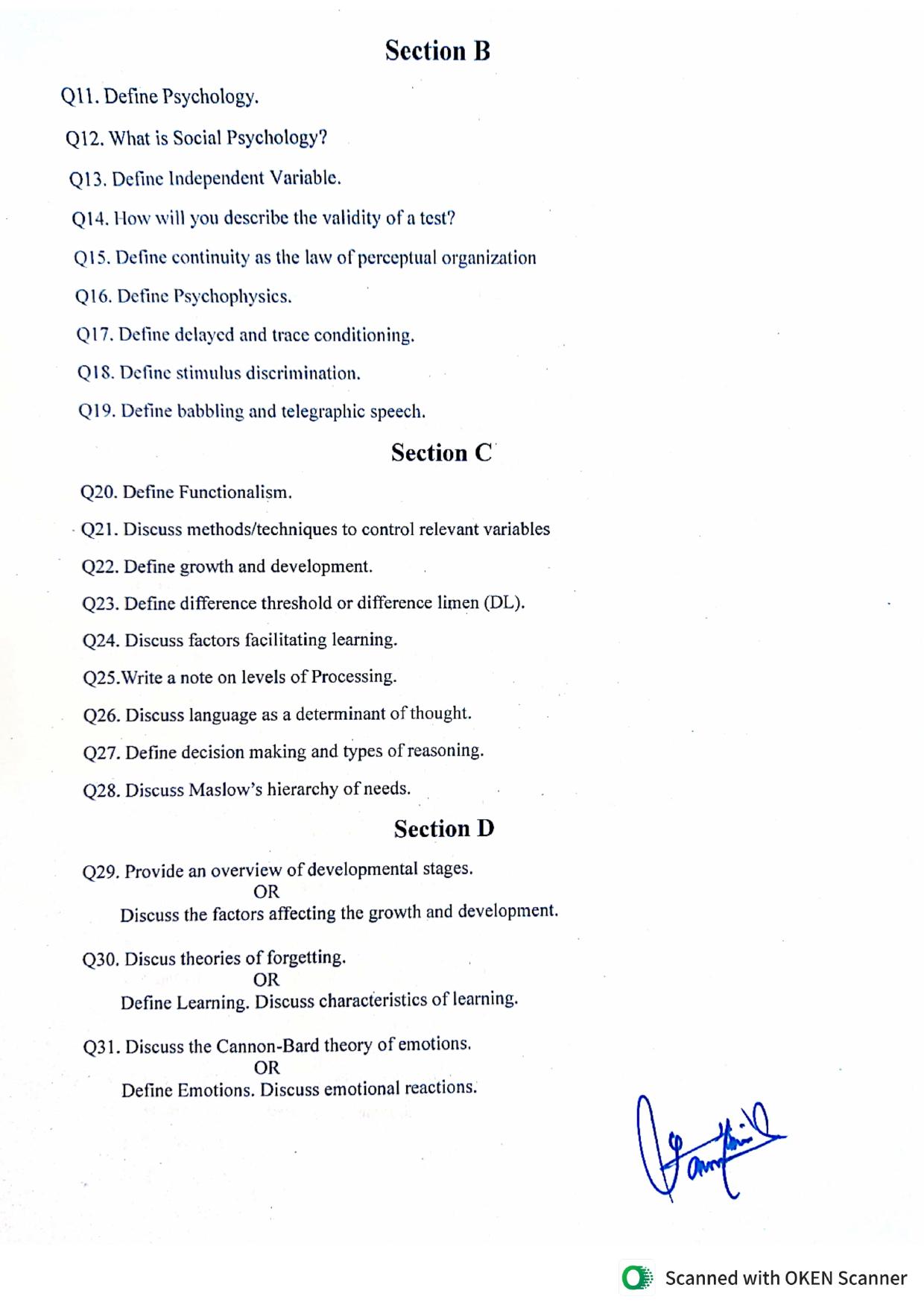 JKBOSE Class 11 Psychology Model Question Paper - IndCareer Docs