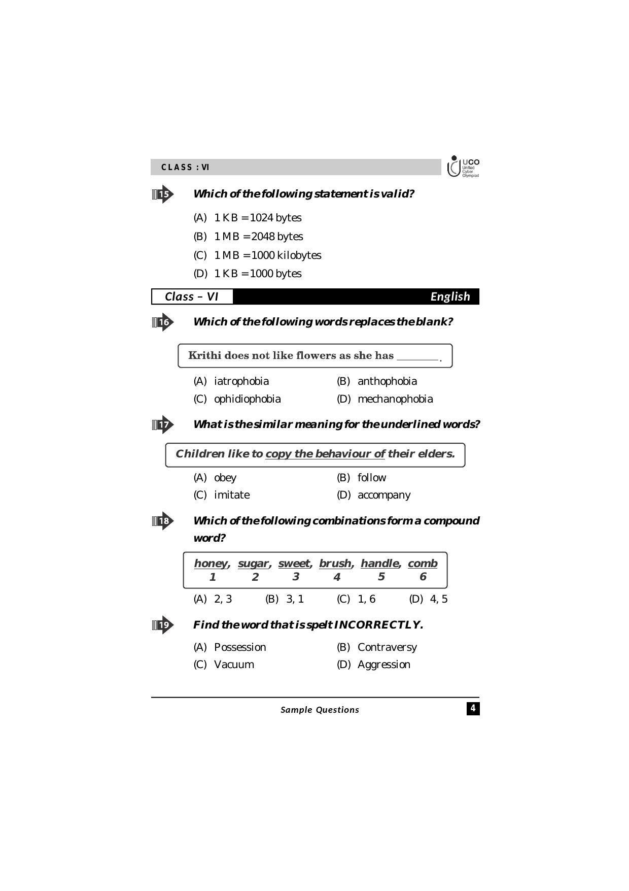 UCO Sample Papers for Class 6 - IndCareer Schools