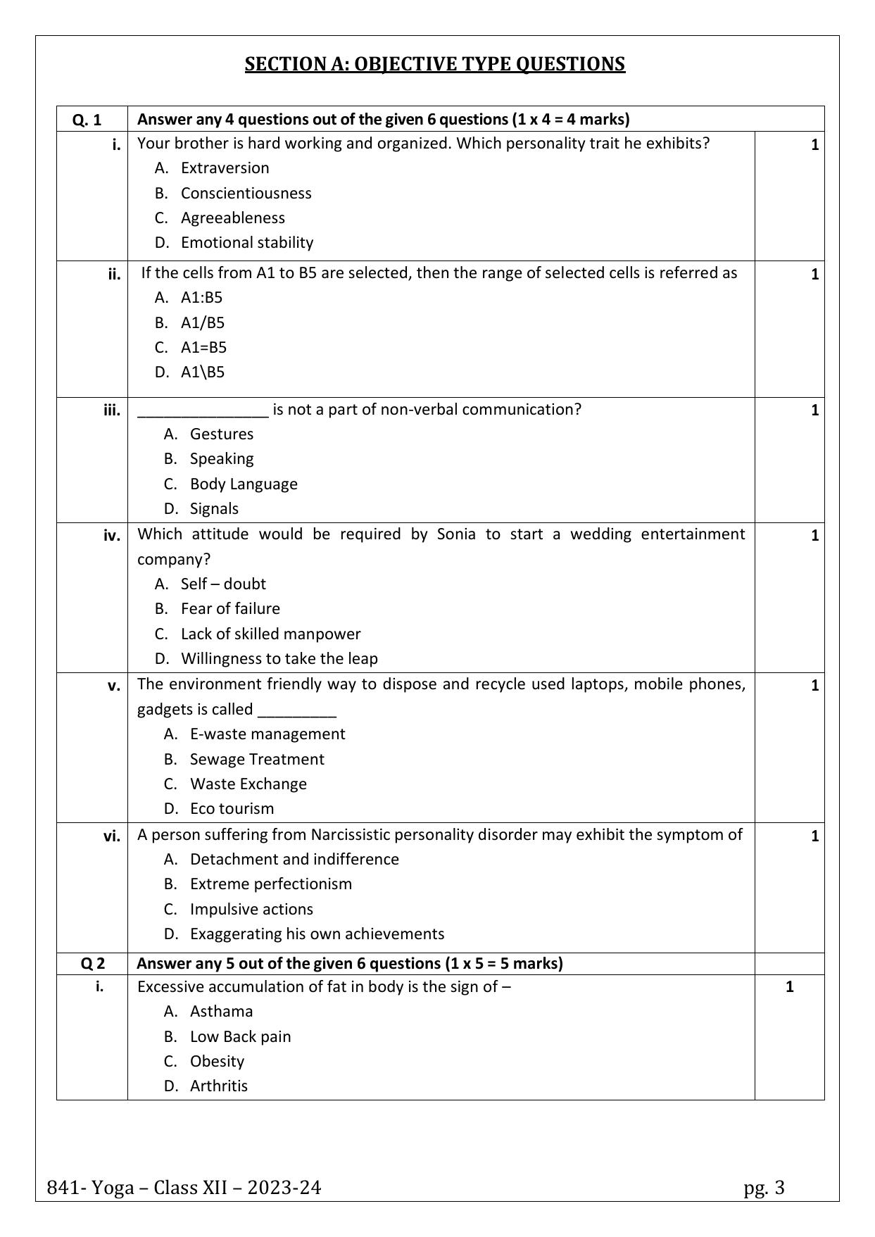 CBSE Class 12 Yoga Sample Papers: 2023, 2024 - IndCareer Schools