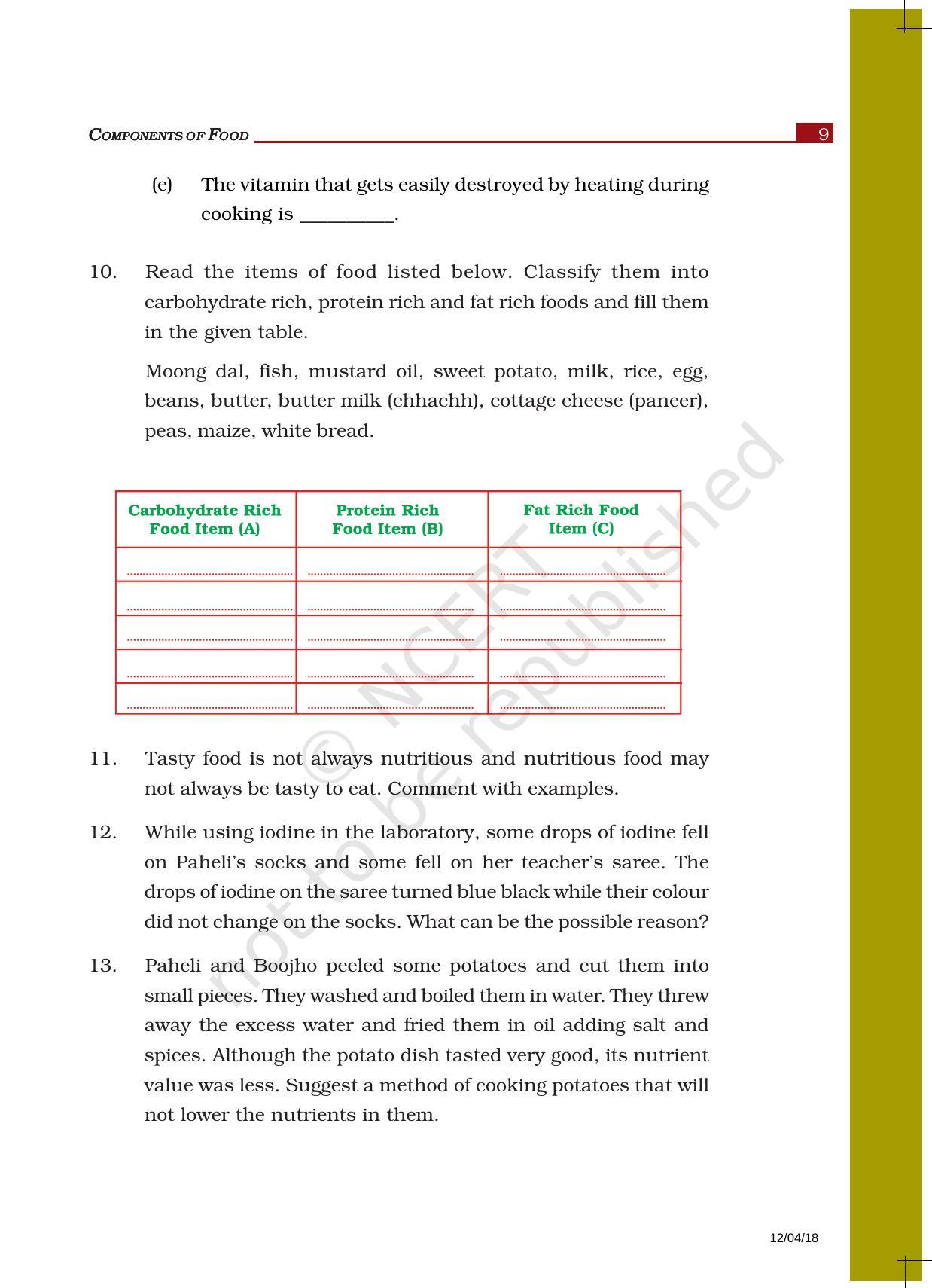 Ncert Exemplar Book For Class 6 Science Chapter 2 Components Of Food
