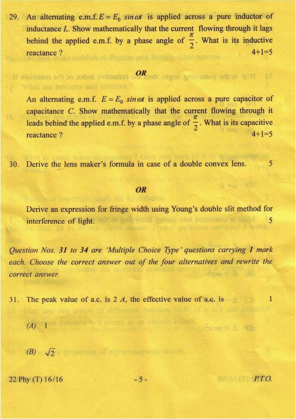 COHSEM Class 12 Physics 2016 Question Papers - IndCareer Docs