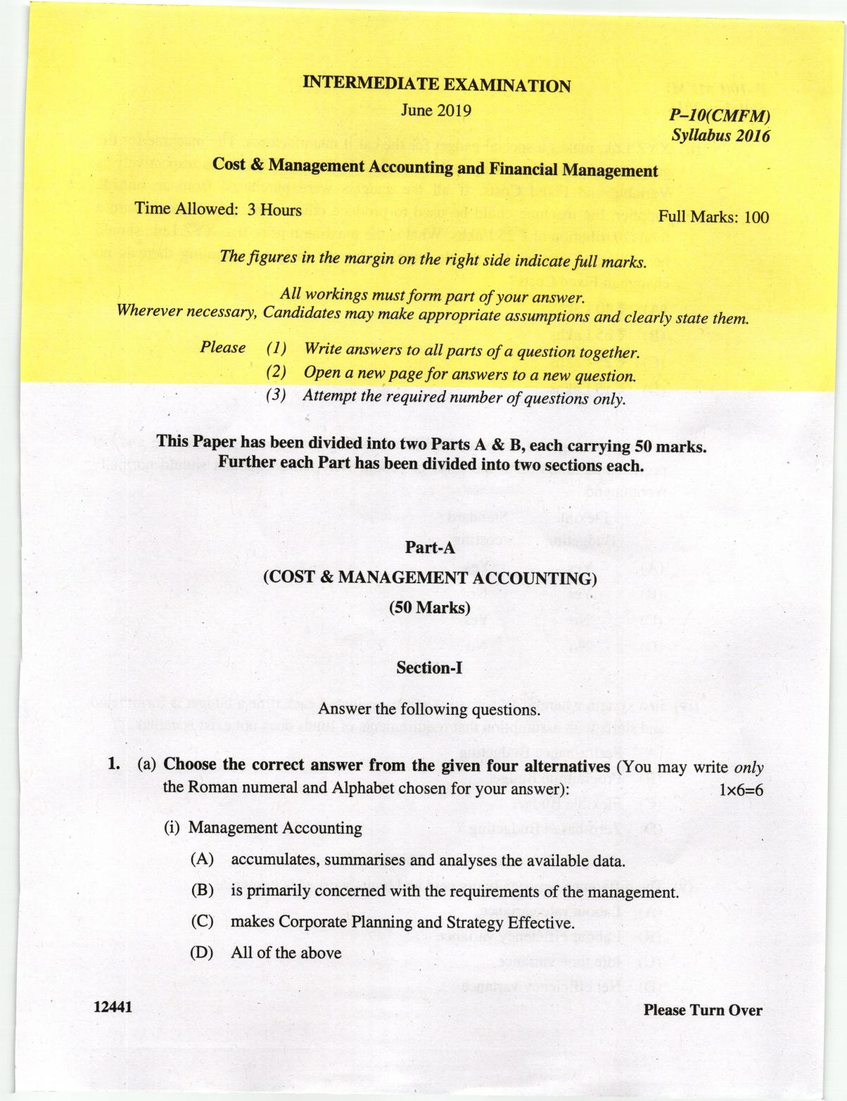 ICMAI June 2019 Cost & Management Accounting and Financial Management ...