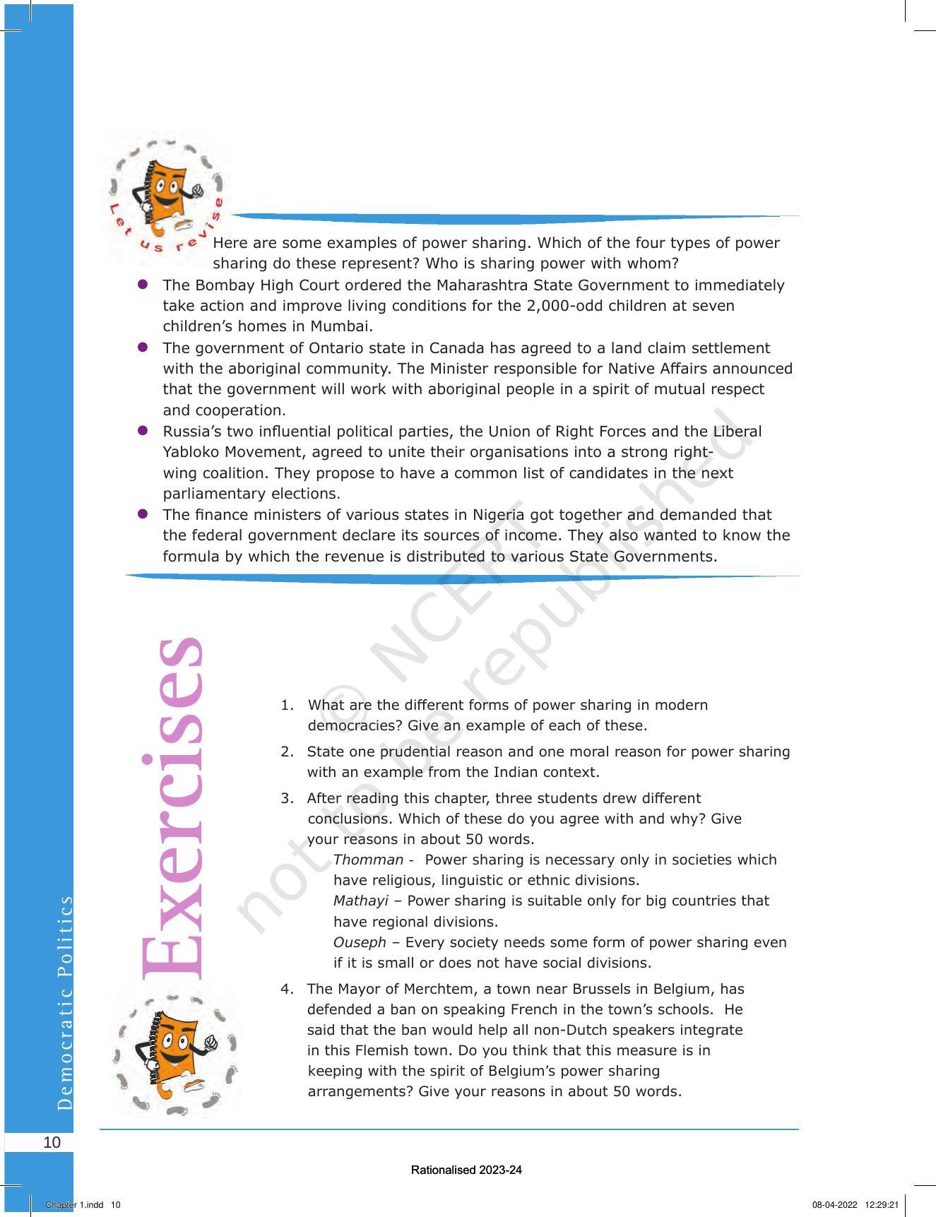 NCERT Book For Class 10 Political Science Chapter 1 Power Sharing