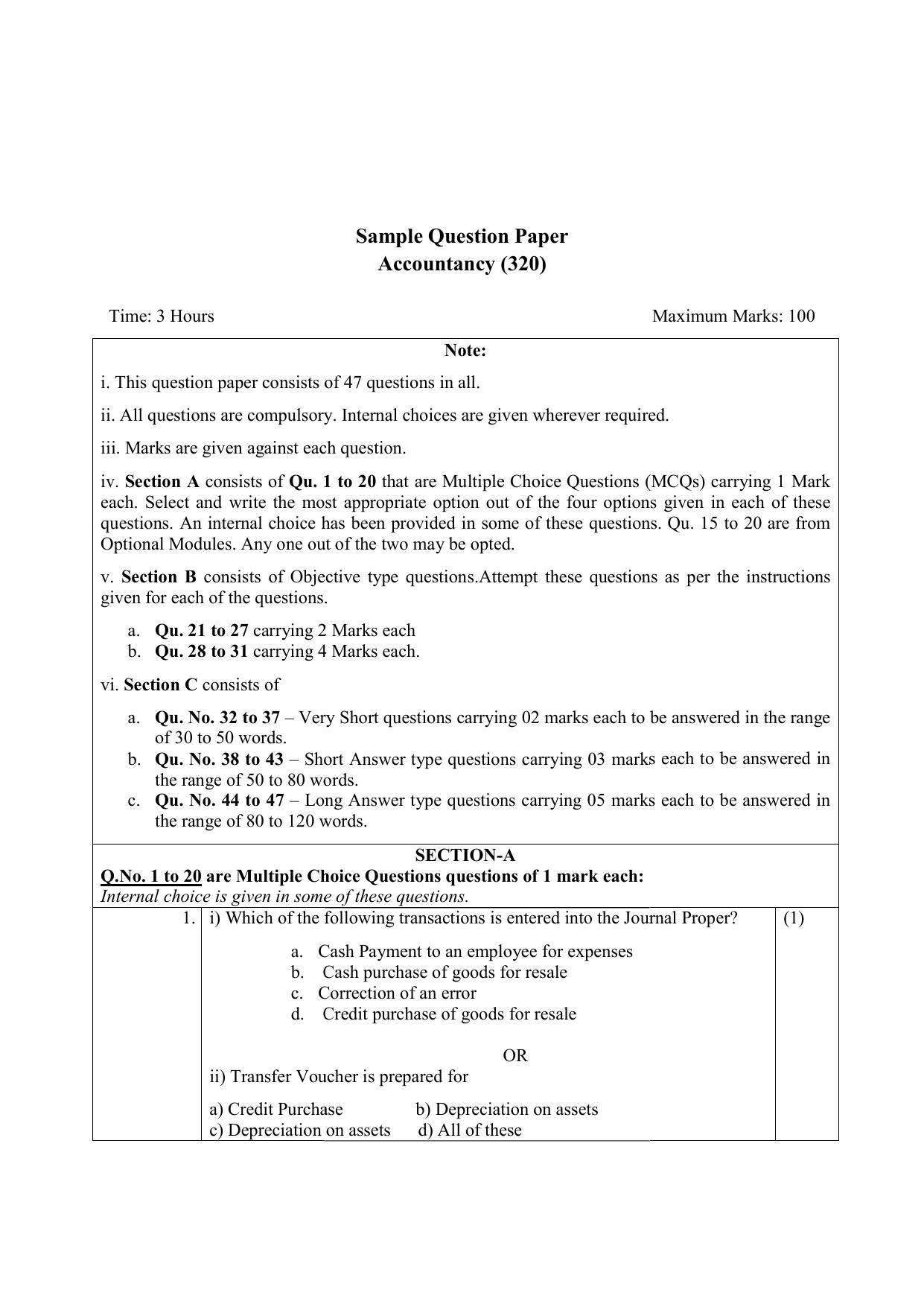 NIOS Class 12 Accountancy Sample Paper - IndCareer Docs