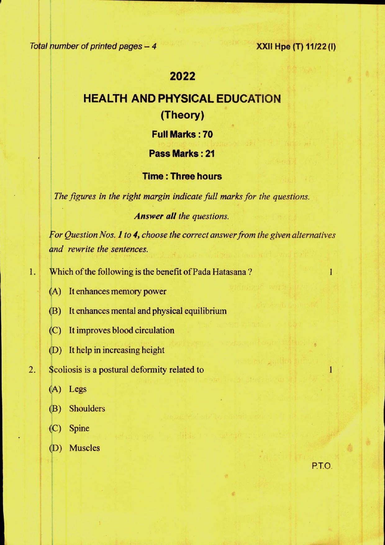 COHSEM 12th Question Papers Improvement 2022 Health and Physical ...