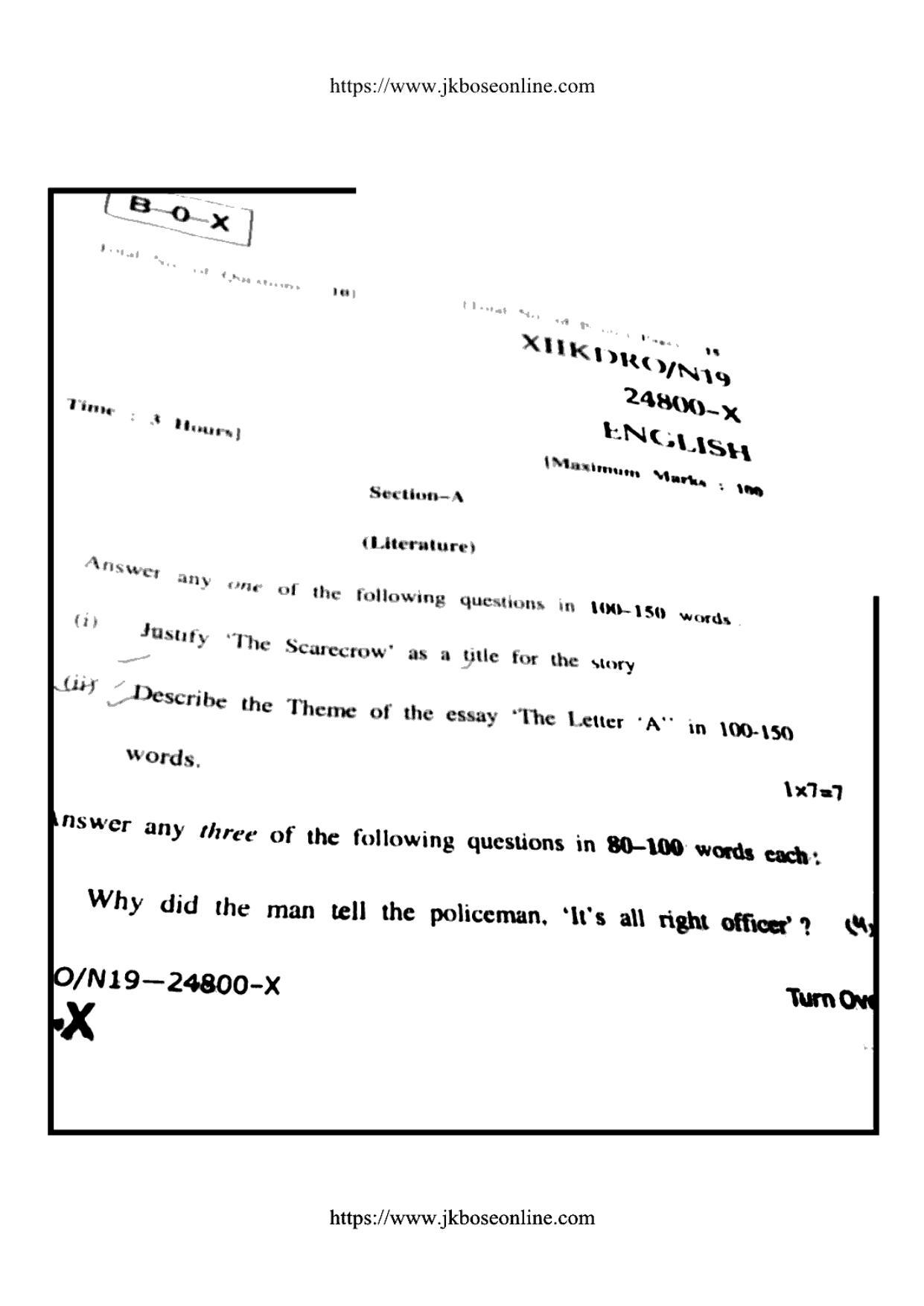 JKBOSE Class 12 English 24800-X Question Papers 2019 - IndCareer Docs