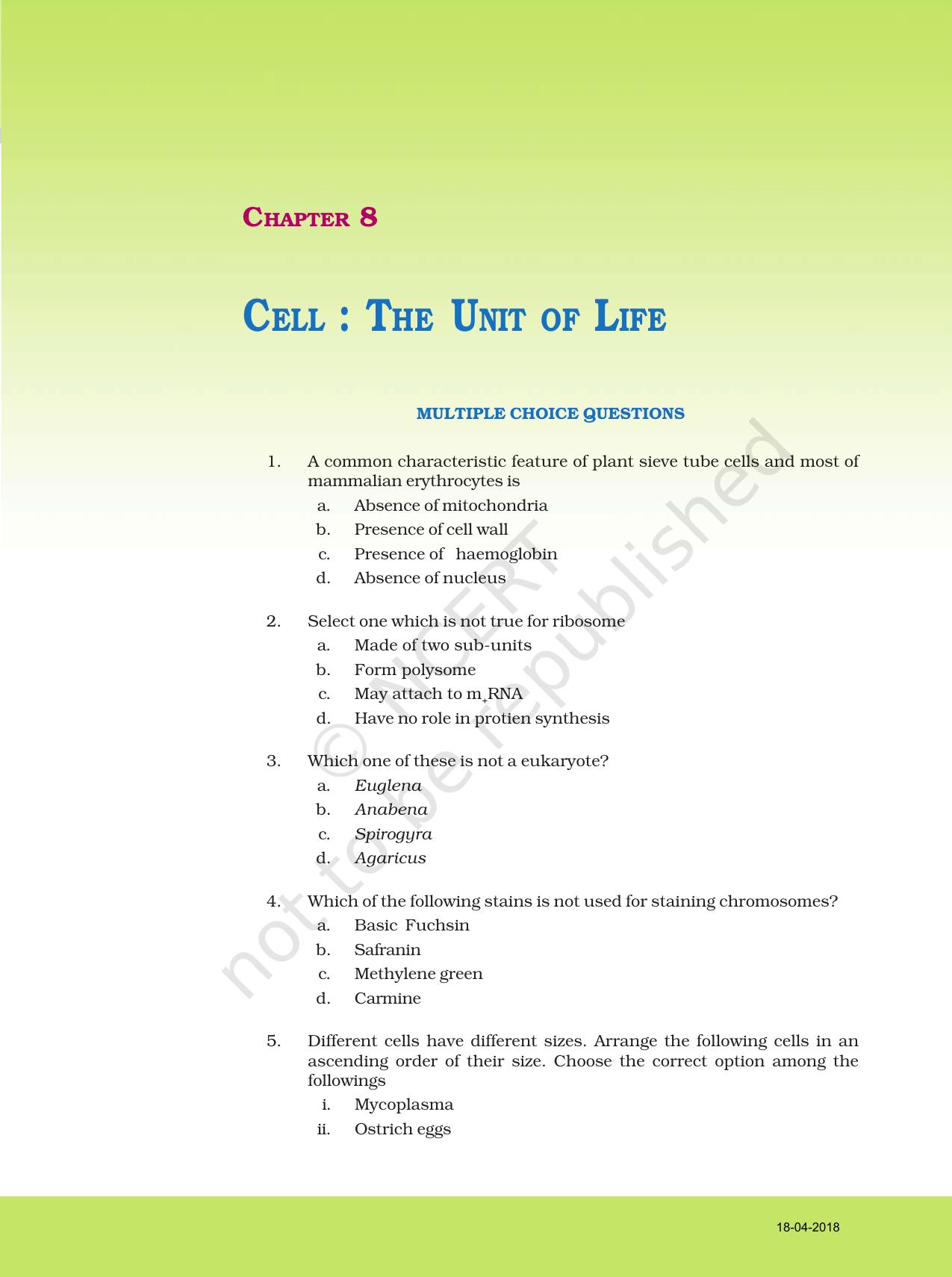 NCERT Exemplar Book for Class 11 Biology Chapter 8 Cell The Unit Of Life