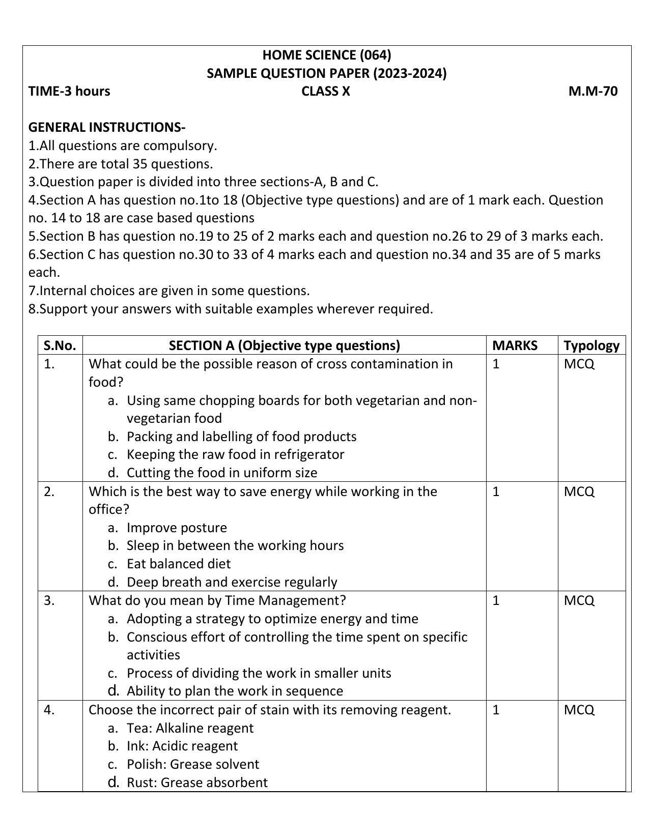 CBSE Class 10 Home Science Sample Paper 2024 - IndCareer Schools