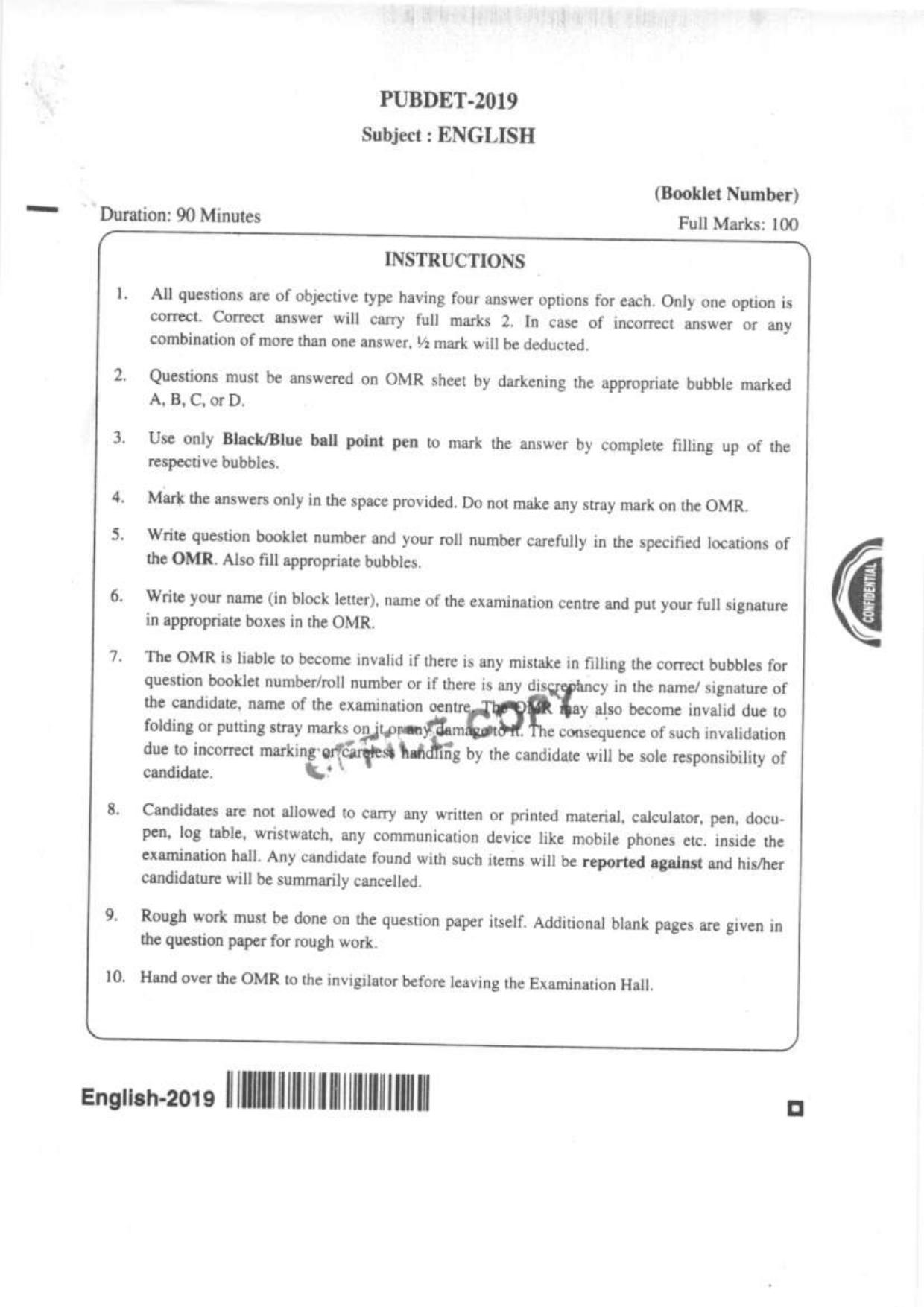 PUBDET 2019 English Question Paper - IndCareer Docs