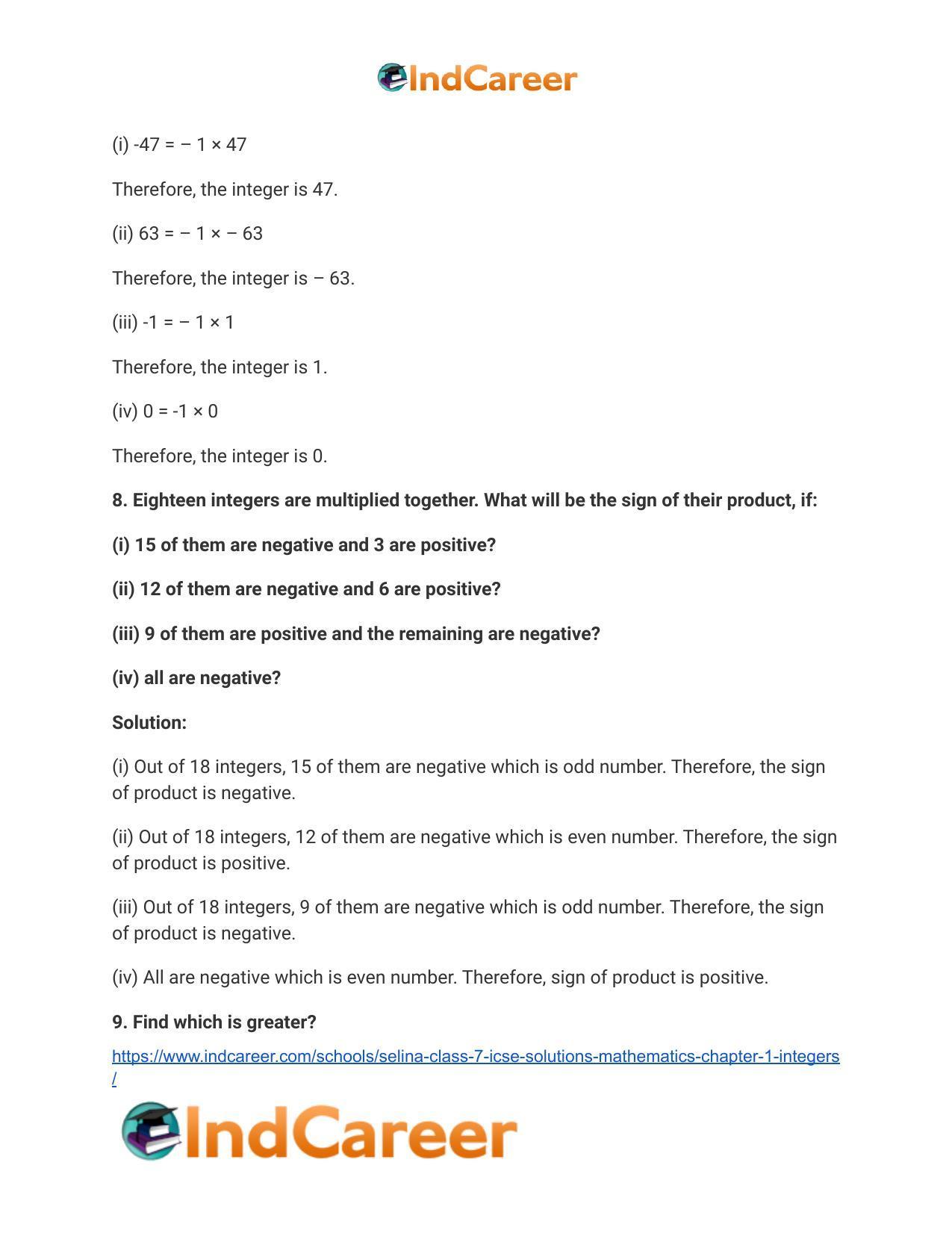 Selina Class 7 ICSE Solutions Mathematics : Chapter 1- Integers ...