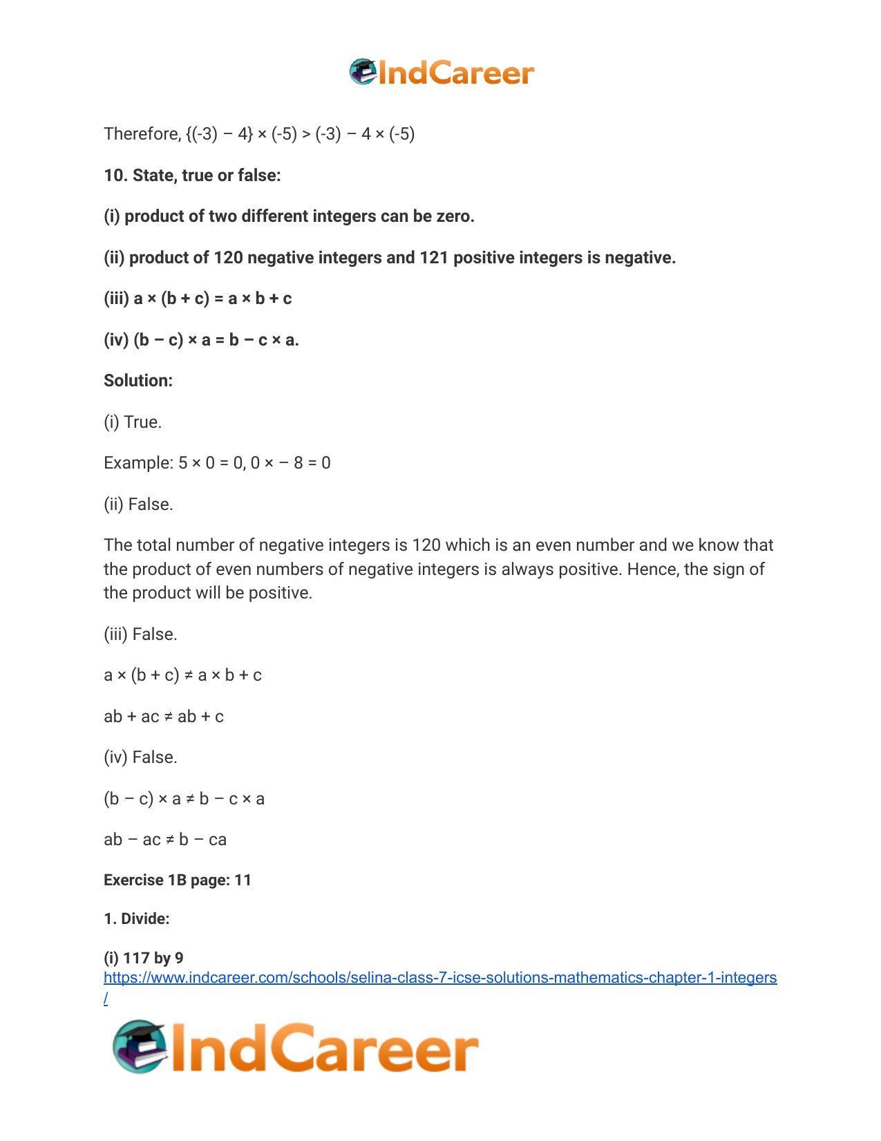 Selina Class 7 ICSE Solutions Mathematics : Chapter 1- Integers ...