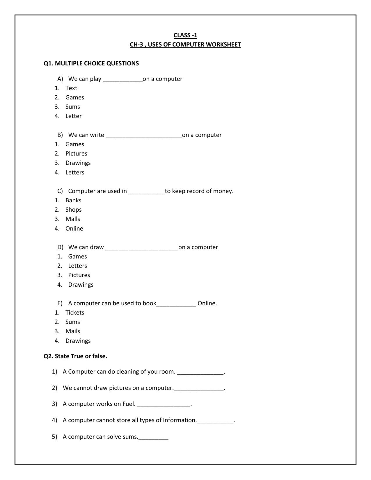 Worksheet for Class 1 Computer Science Uses of a Computer Assignment 2 - IndCareer Docs