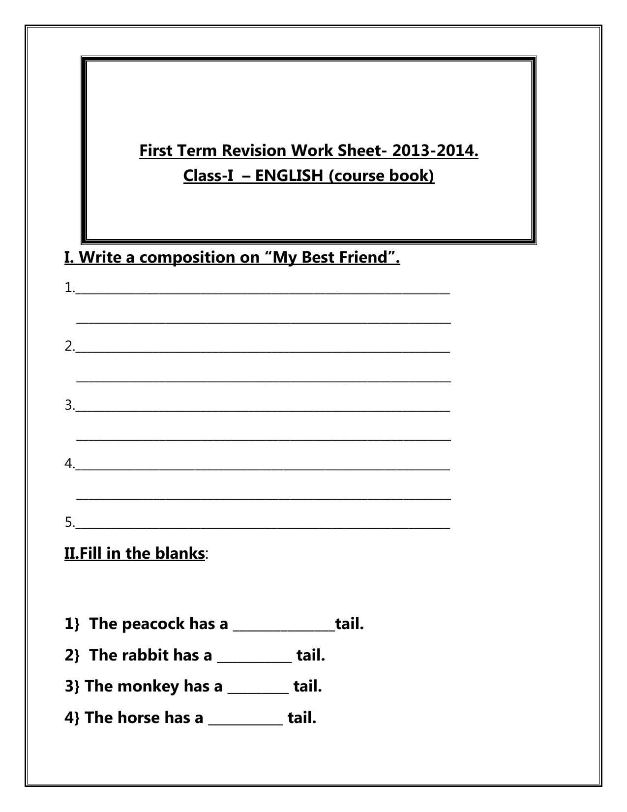 Worksheet for Class 1 English Assignment 71 - IndCareer Docs