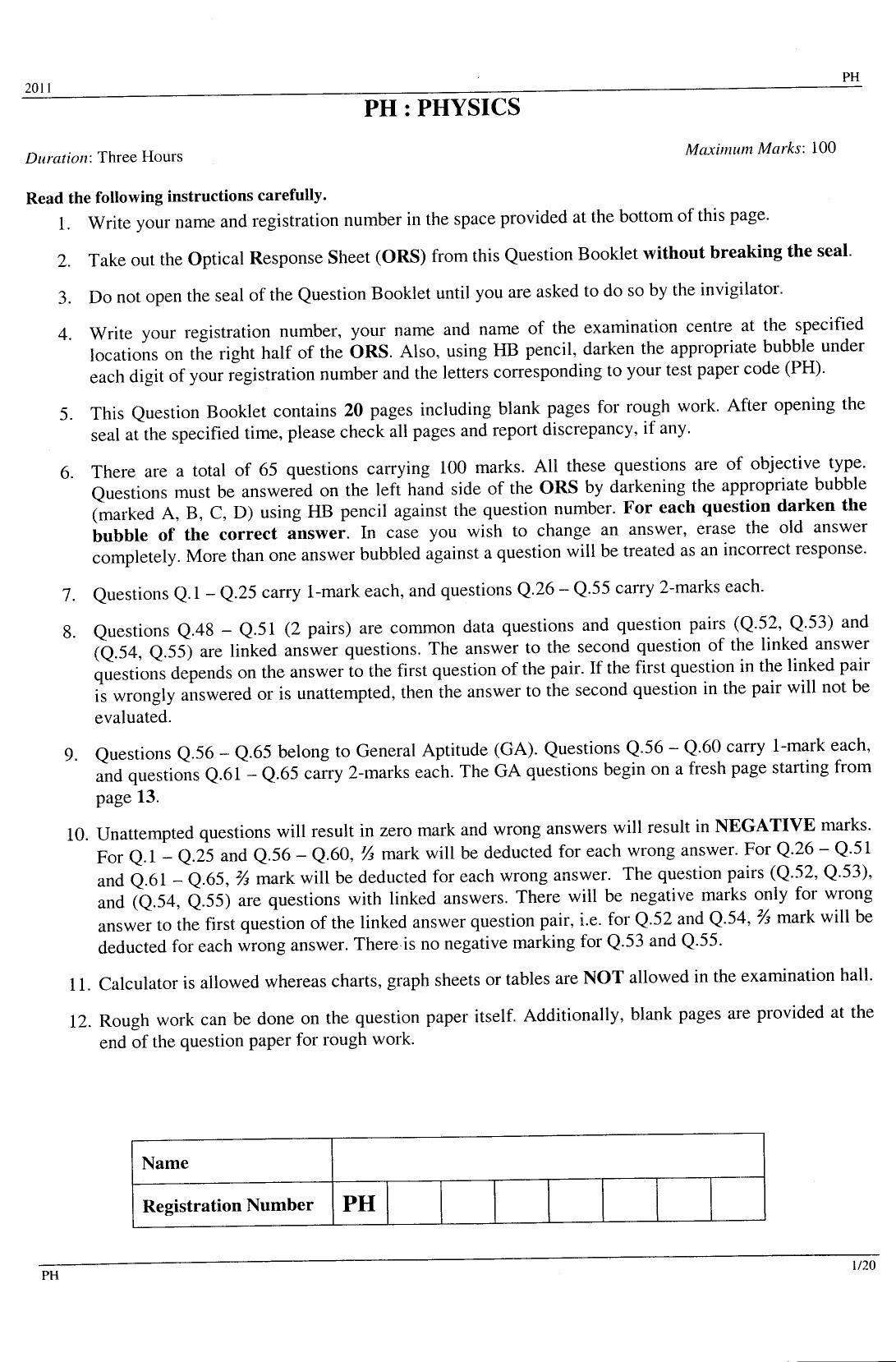 GATE 2011 Physics (PH) Question Paper with Answer Key - IndCareer Docs