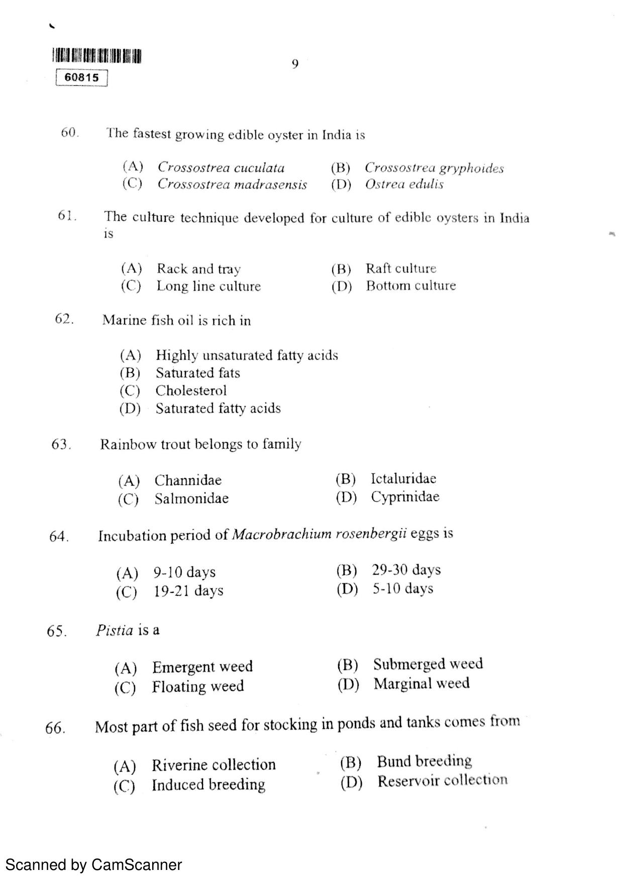 CUSAT CAT 2015 Fisheries Question Paper - IndCareer Docs