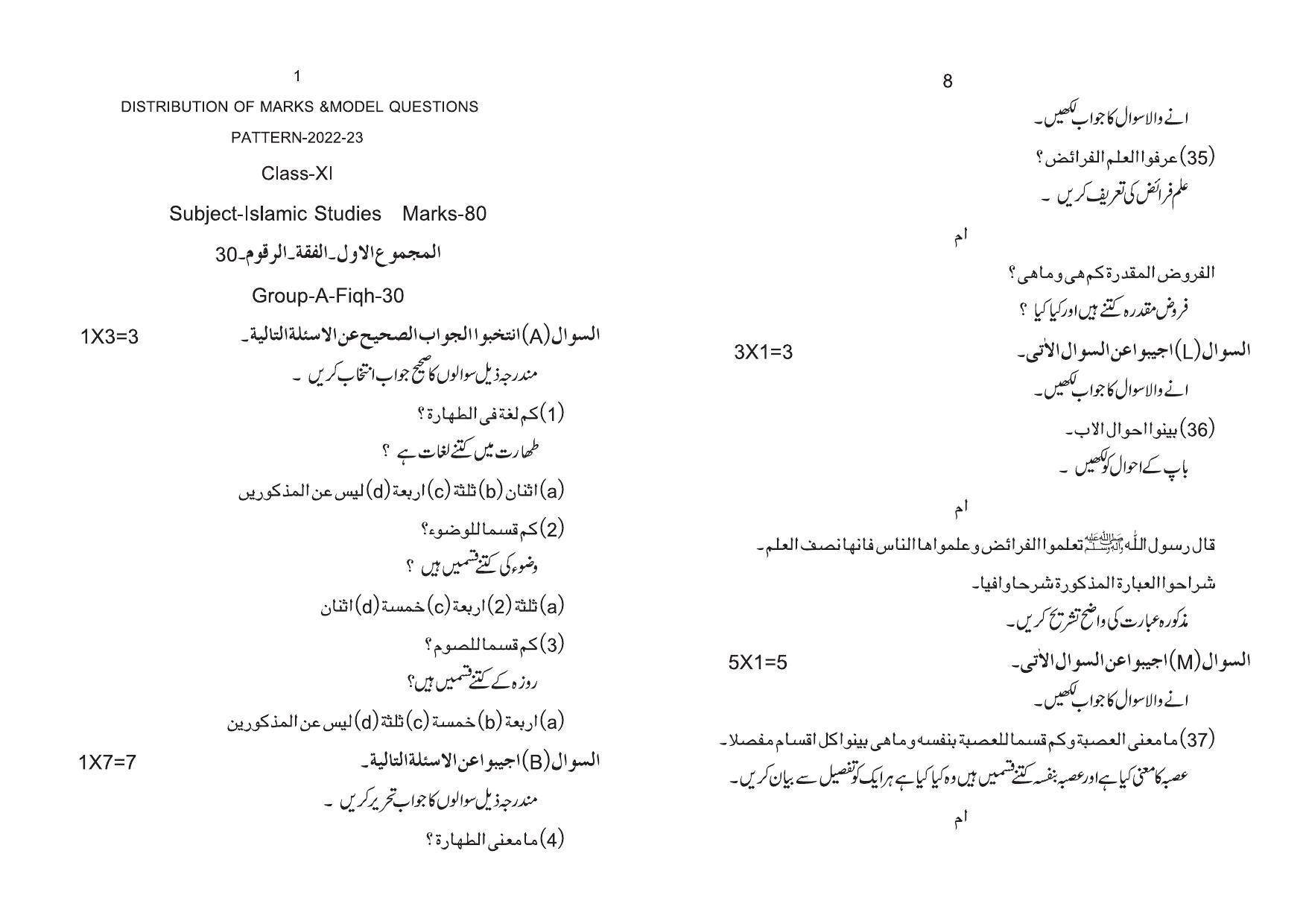 TBSE Class 11 Islamic Studies Model Paper - IndCareer Schools