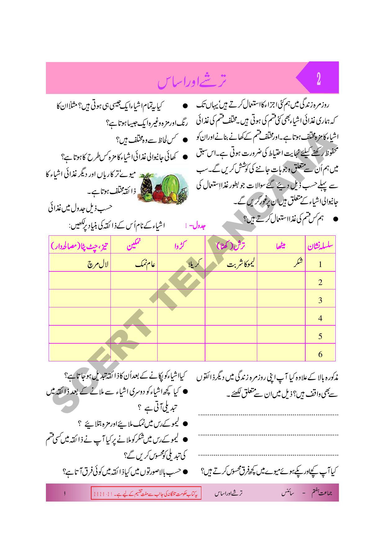 TS SCERT Class 7 General Science Part 1 And 2 Urdu Medium Text Book