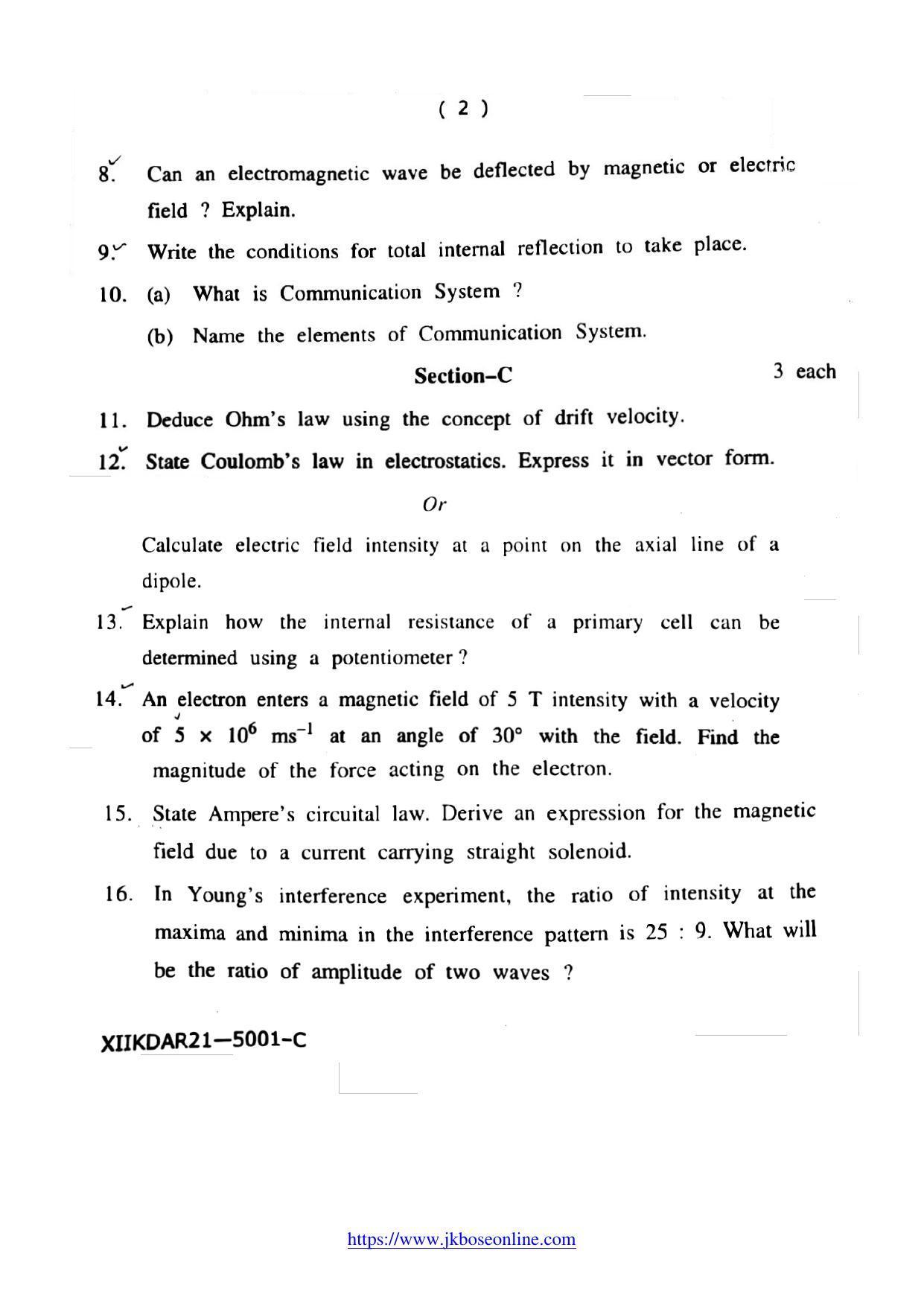 JKBOSE Class 12 Physics 5001-C Question Papers 2021 - IndCareer Docs