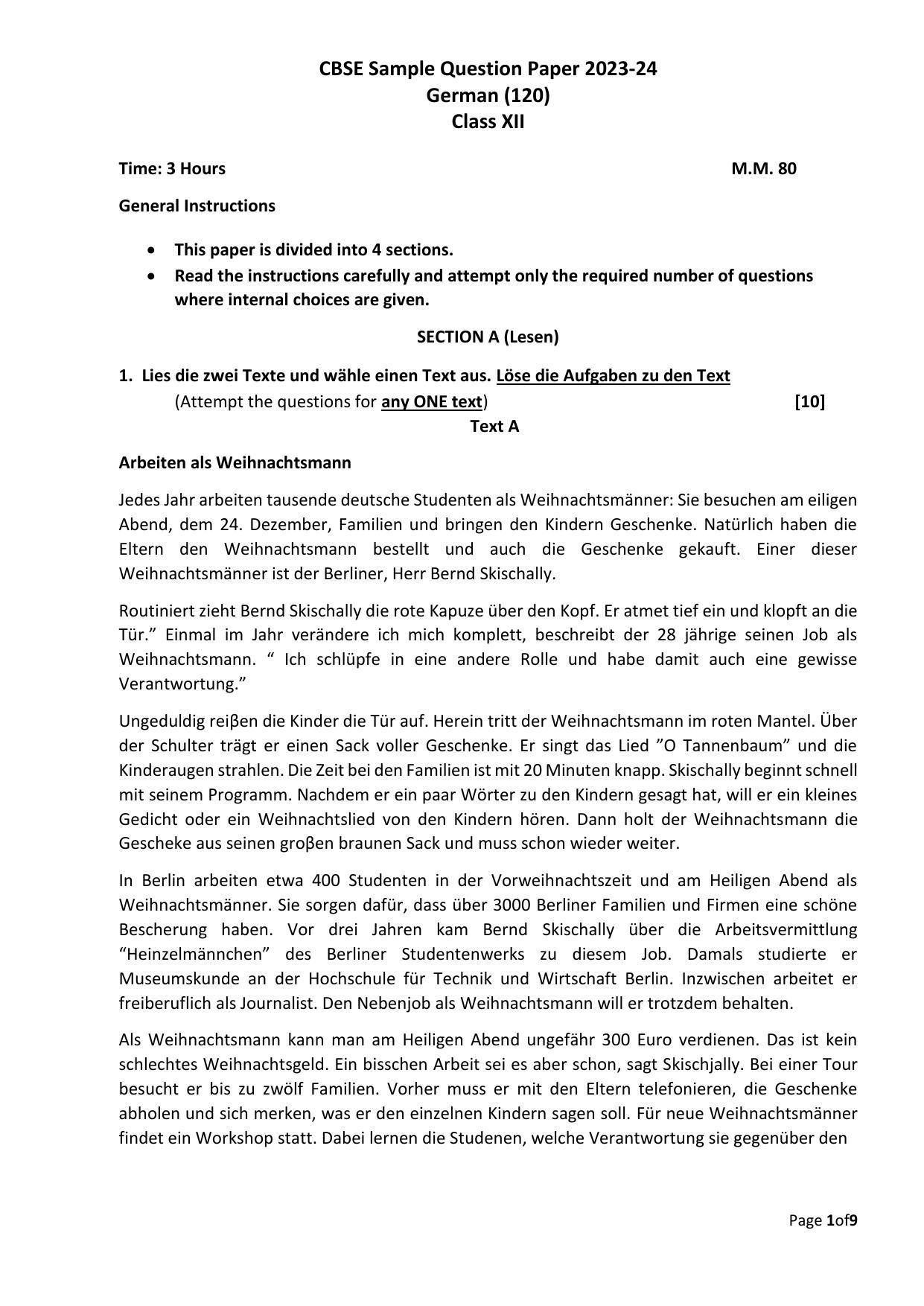 CBSE Class 12 German Sample Paper 2024 - IndCareer Schools