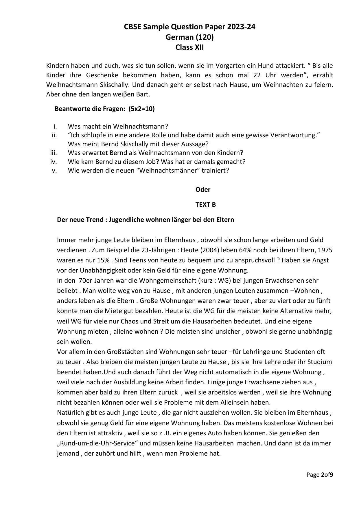 CBSE Class 12 German Sample Paper 2024 - IndCareer Schools