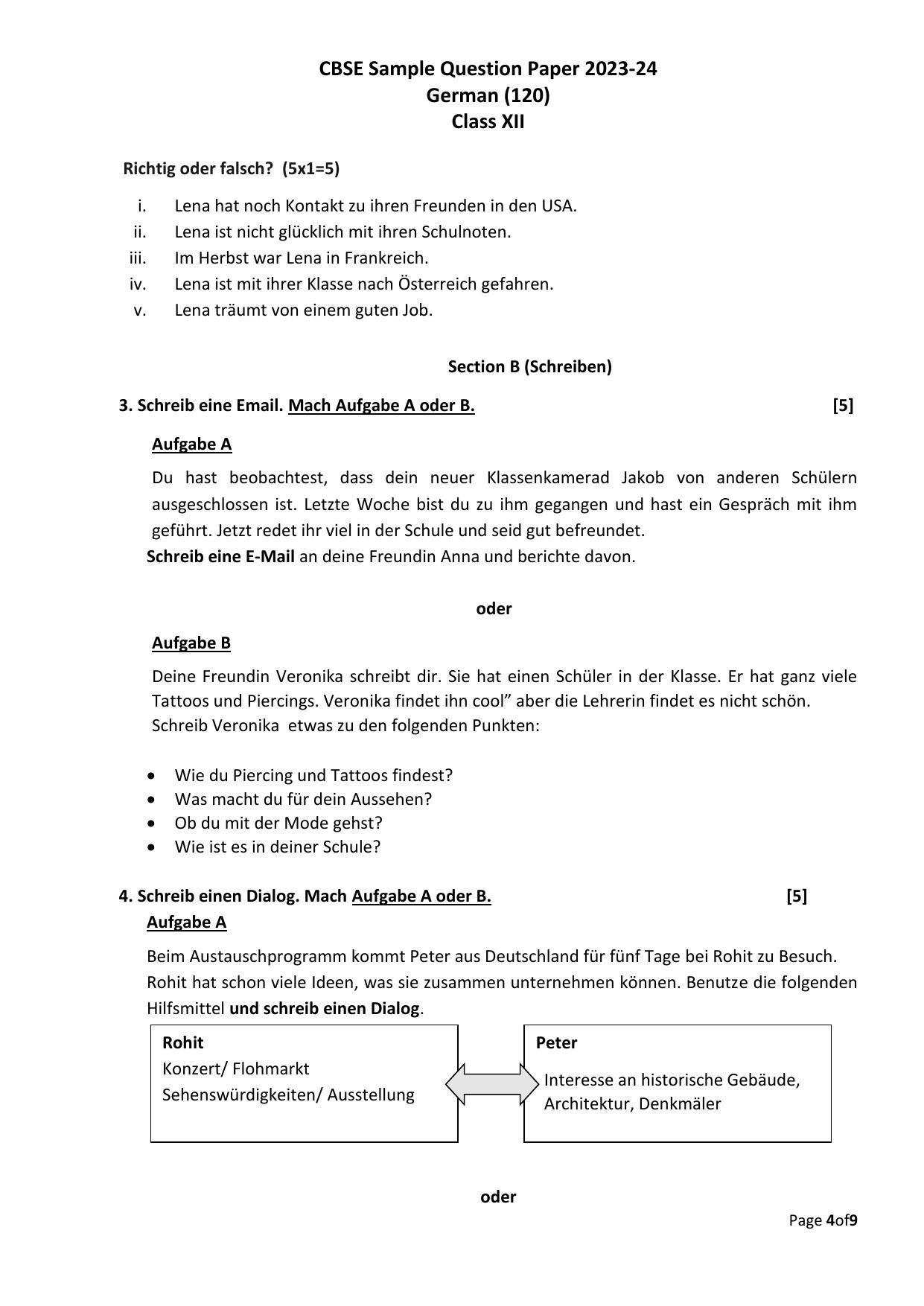CBSE Class 12 German Sample Paper 2024 - IndCareer Schools