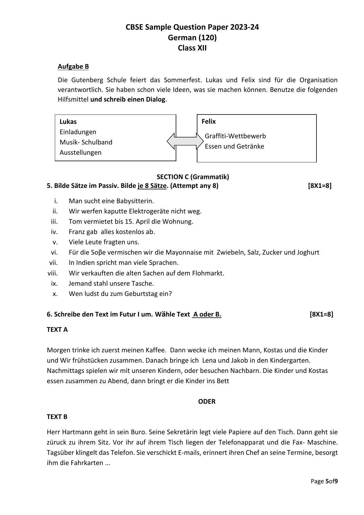 CBSE Class 12 German Sample Paper 2024 - IndCareer Schools