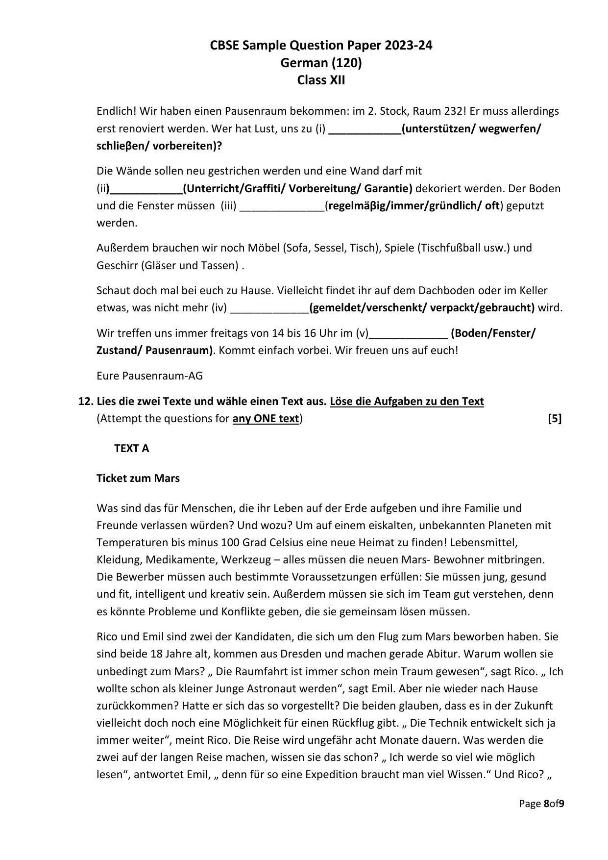 CBSE Class 12 German Sample Paper 2024 - IndCareer Schools