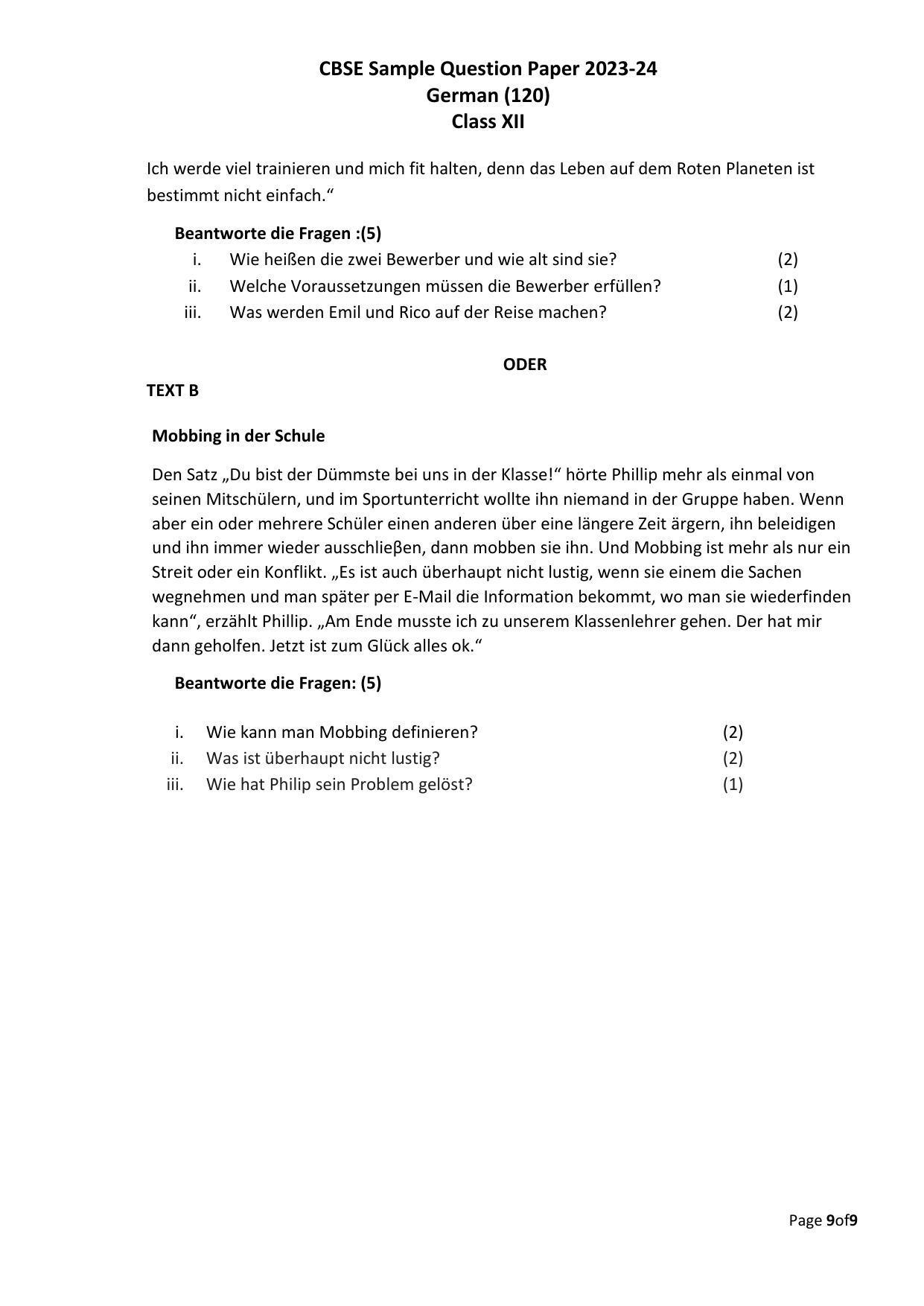 CBSE Class 12 German Sample Paper 2024 - IndCareer Schools