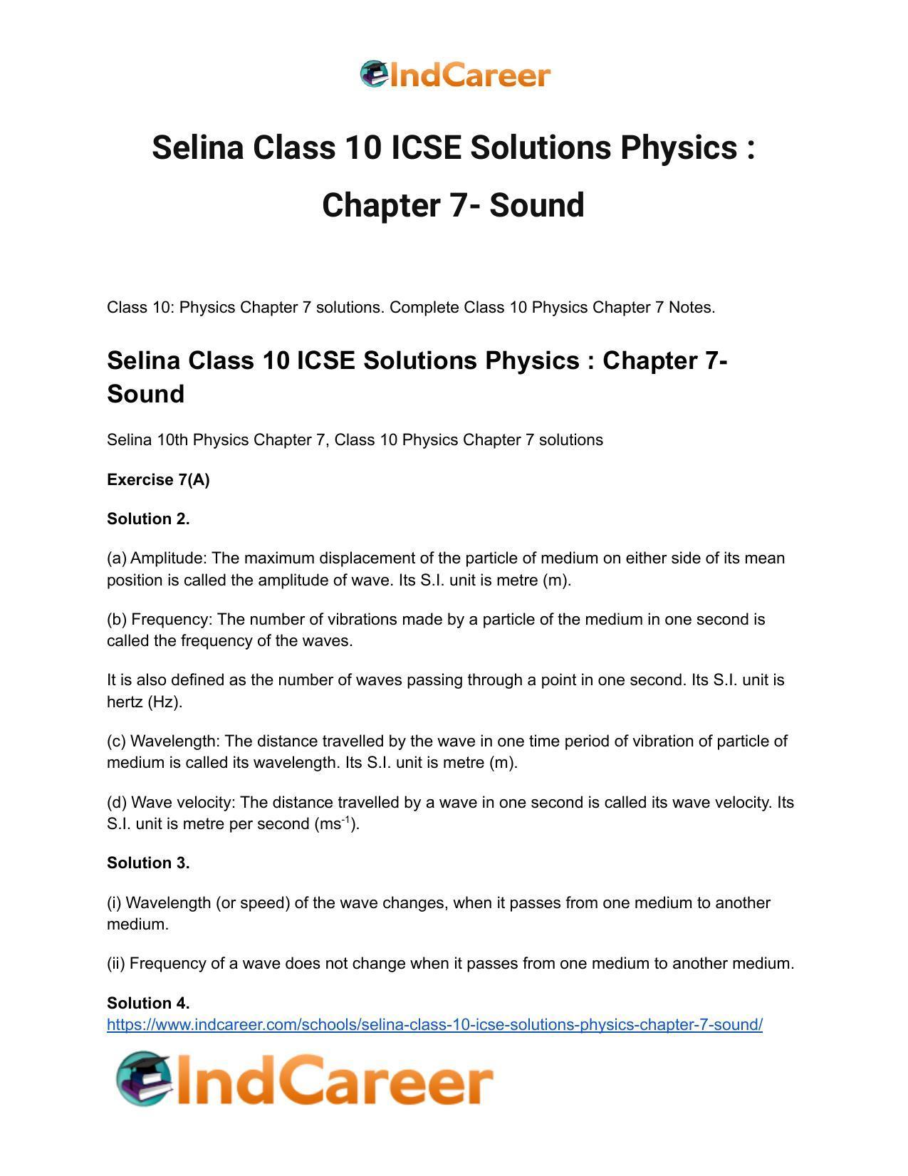 Selina Class 10 ICSE Solutions Physics : Chapter 7- Sound - IndCareer Docs