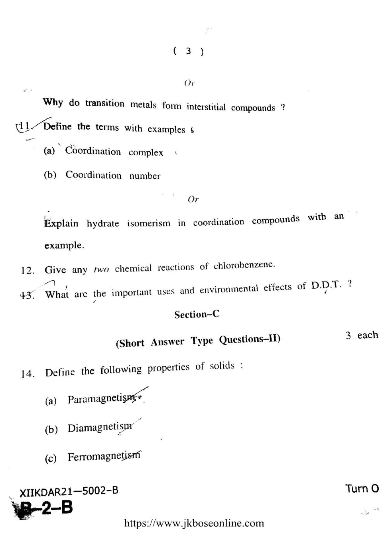 JKBOSE Class 12 Chemistry 5002-B Question Papers 2021 - IndCareer Docs