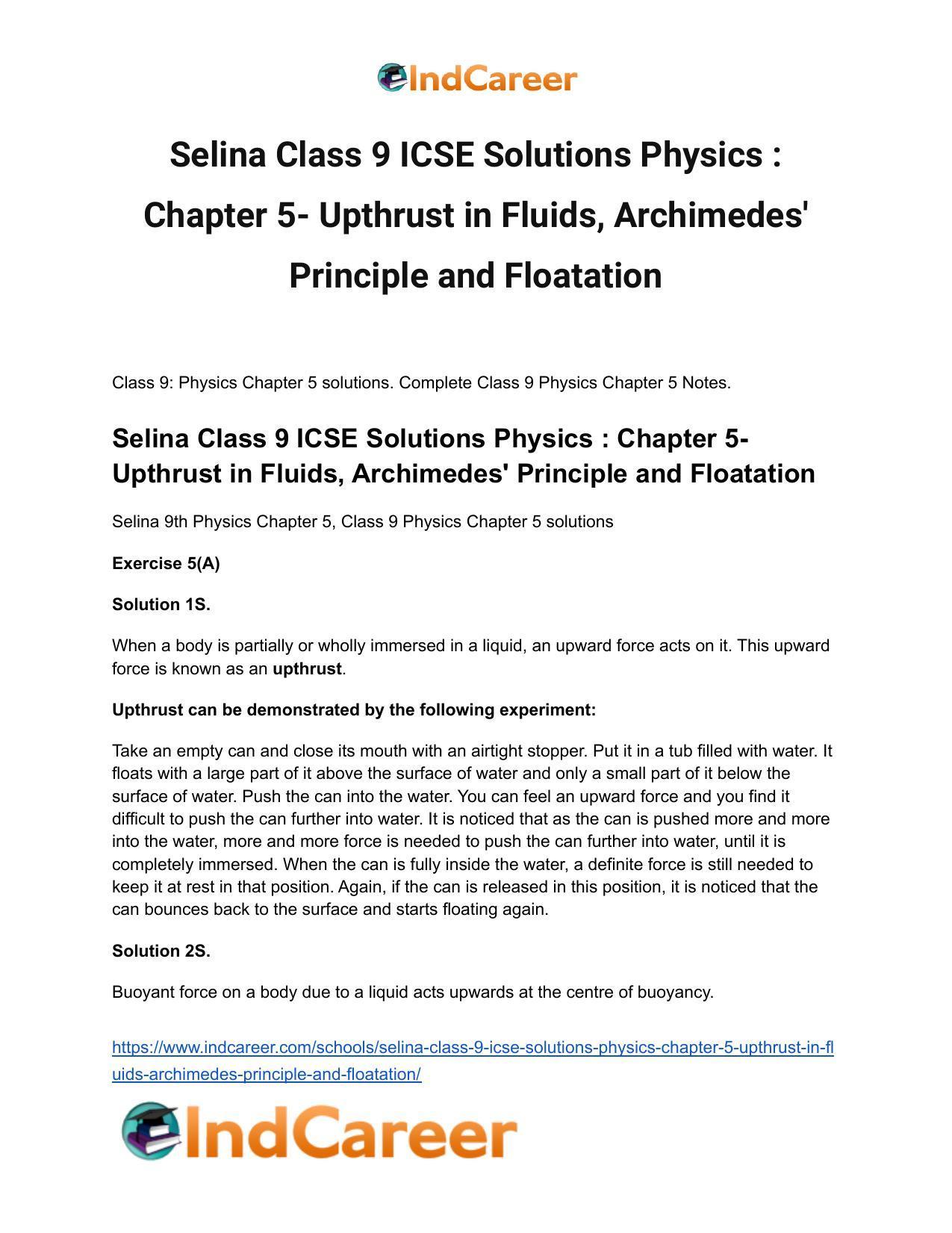 Selina Class 9 ICSE Solutions Physics : Chapter 5- Upthrust in Fluids, Archimedes' Principle and ...