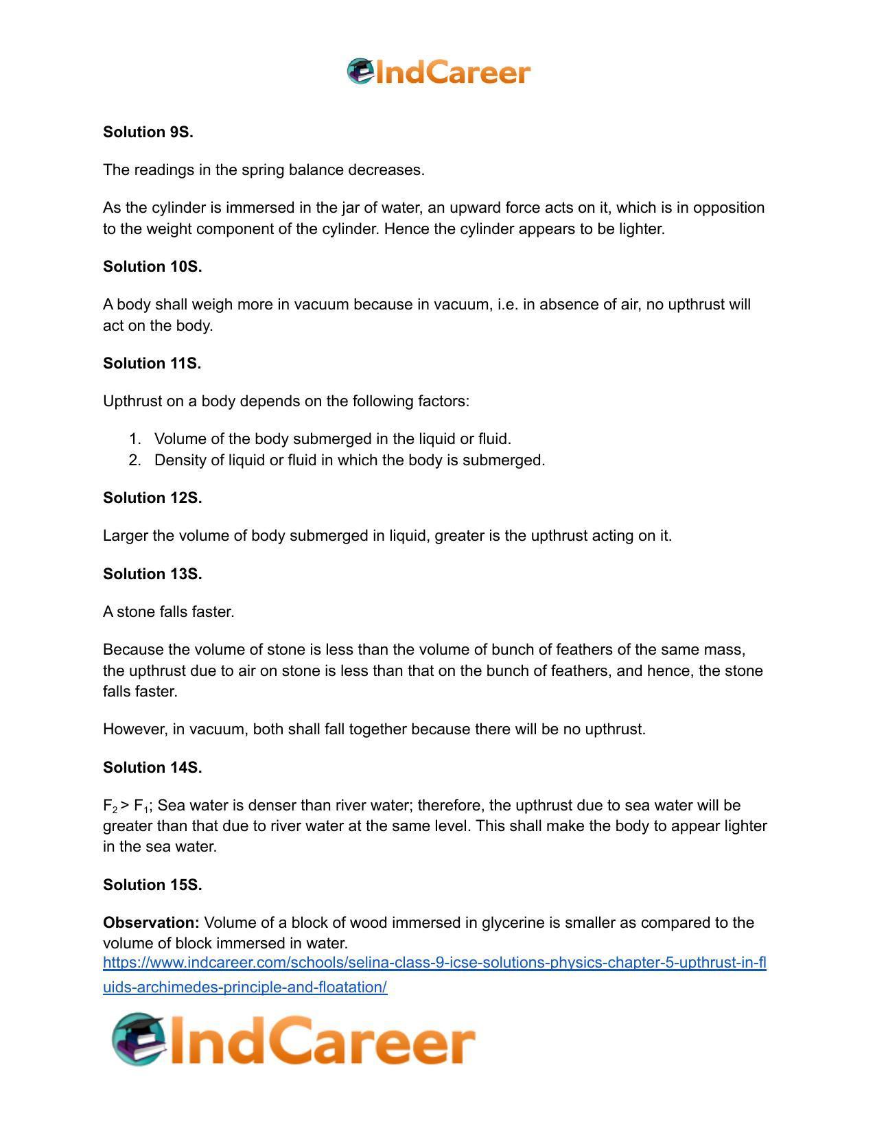Selina Class 9 ICSE Solutions Physics : Chapter 5- Upthrust in Fluids, Archimedes' Principle and ...