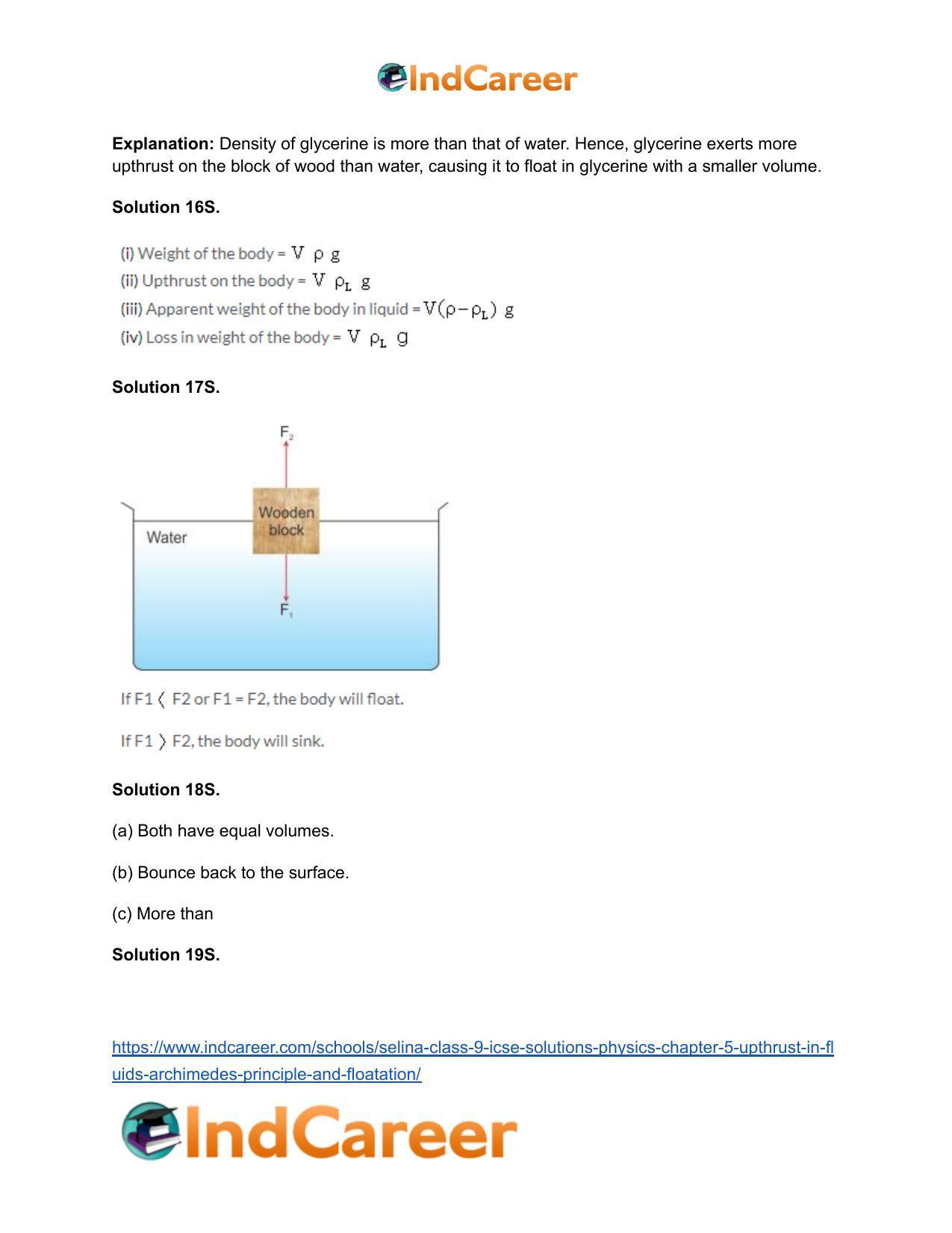 Selina Class 9 ICSE Solutions Physics : Chapter 5- Upthrust in Fluids, Archimedes' Principle and ...