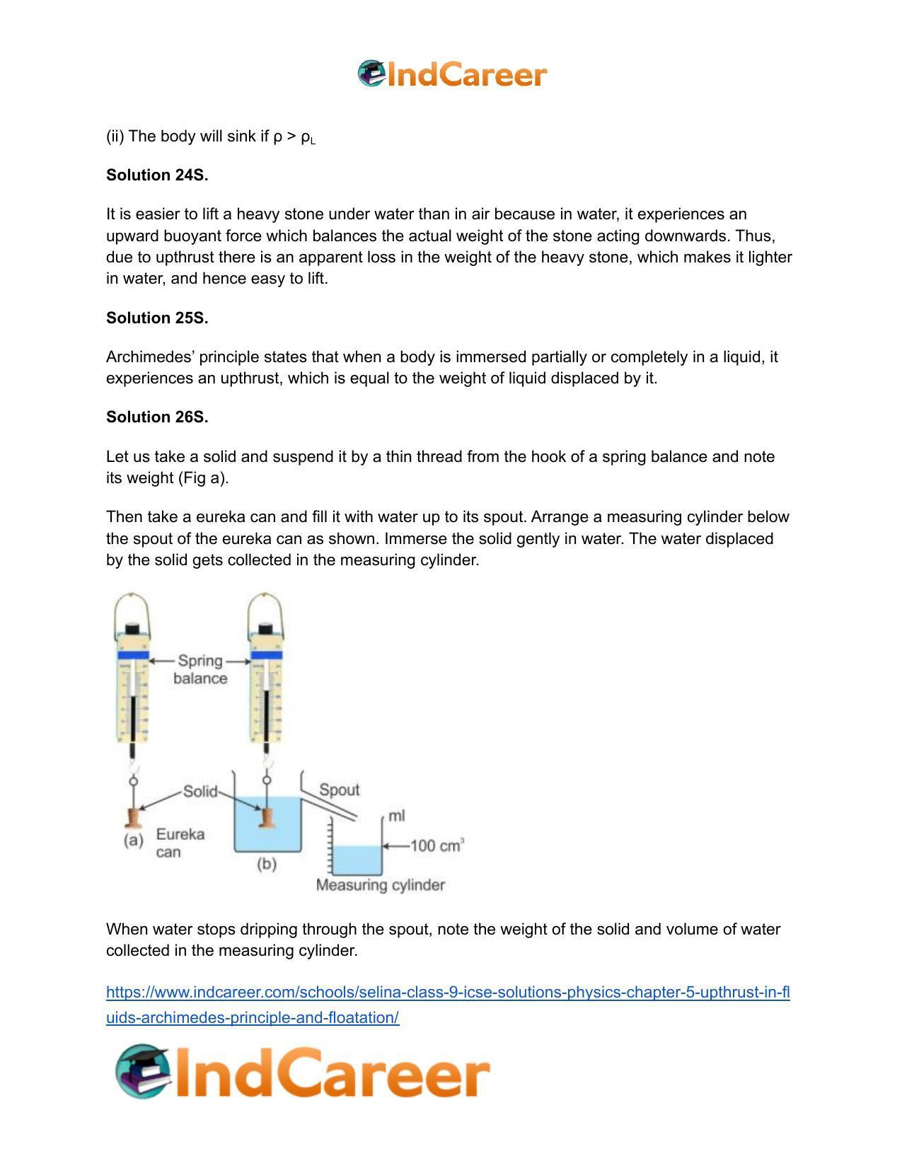 Selina Class 9 ICSE Solutions Physics : Chapter 5- Upthrust in Fluids, Archimedes' Principle and ...