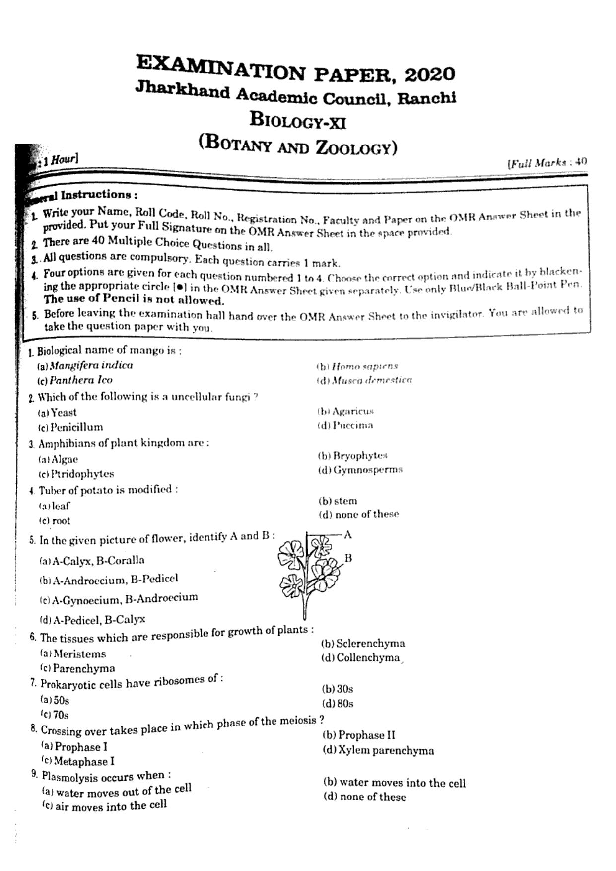 JAC Class 11 2020 Botany & Zoology Question Paper - IndCareer Docs