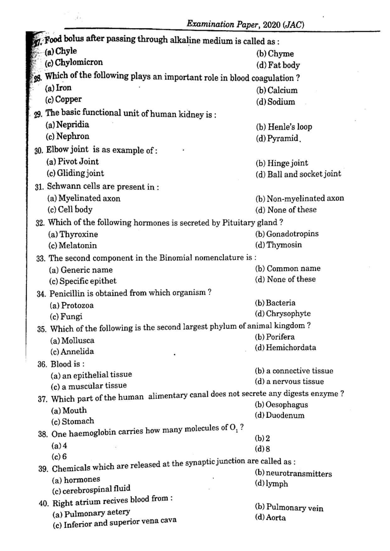 JAC Class 11 2020 Botany & Zoology Question Paper - IndCareer Docs
