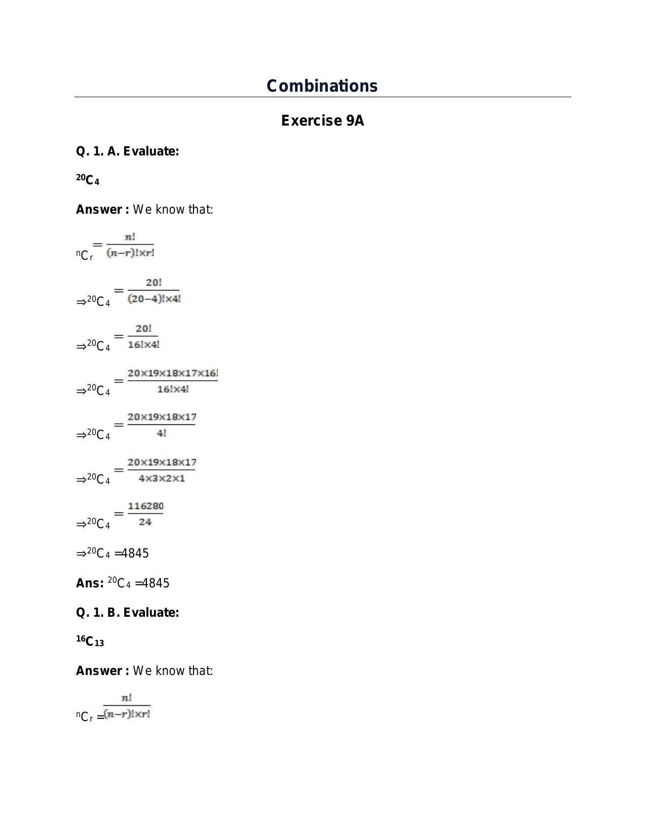 RS Aggarwal Solutions for 11th Class Maths Chapter 9-Combinations ...