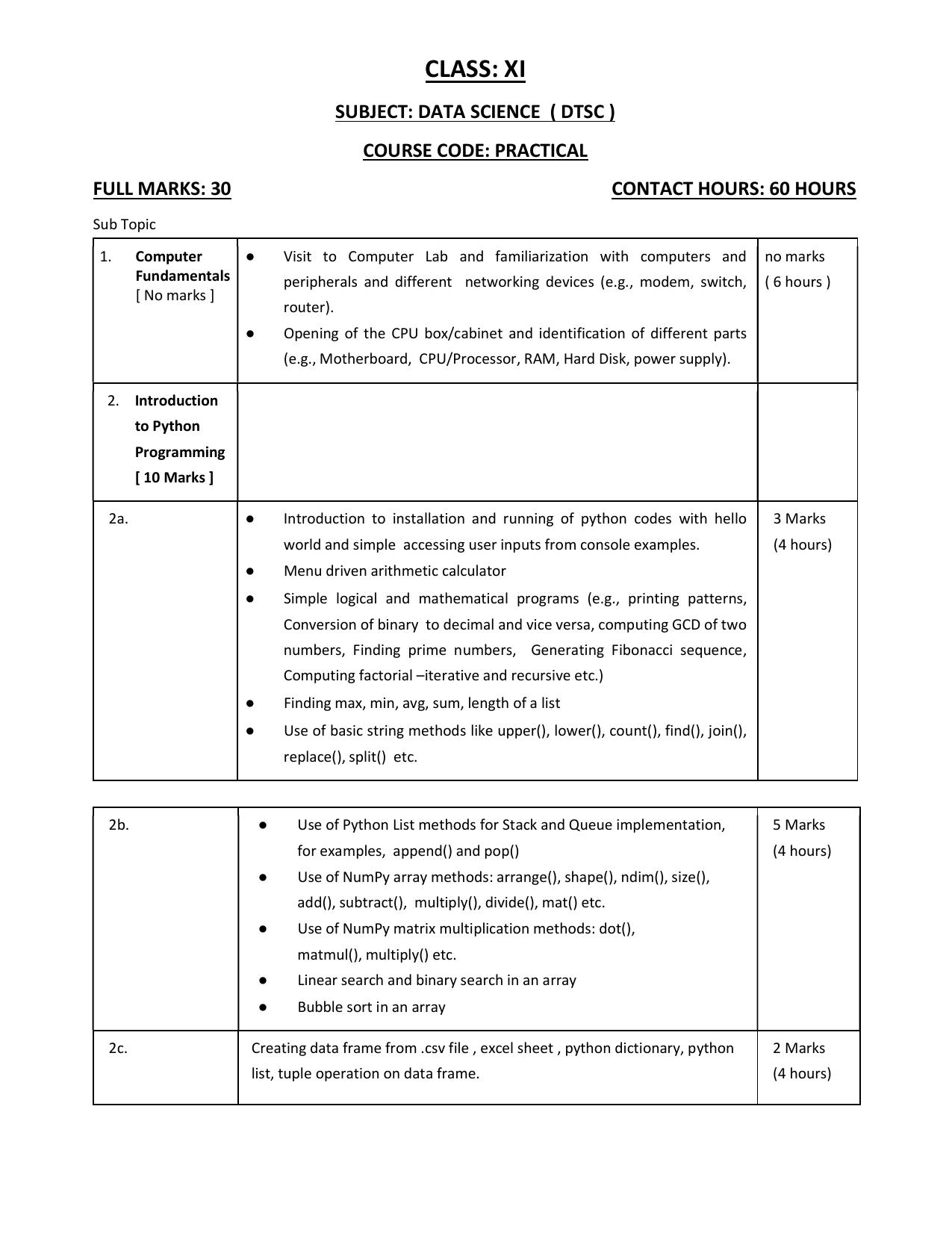 WBCHSE Class 11 & 12 Syllabus for Data Science (DTSC) (SET I ...