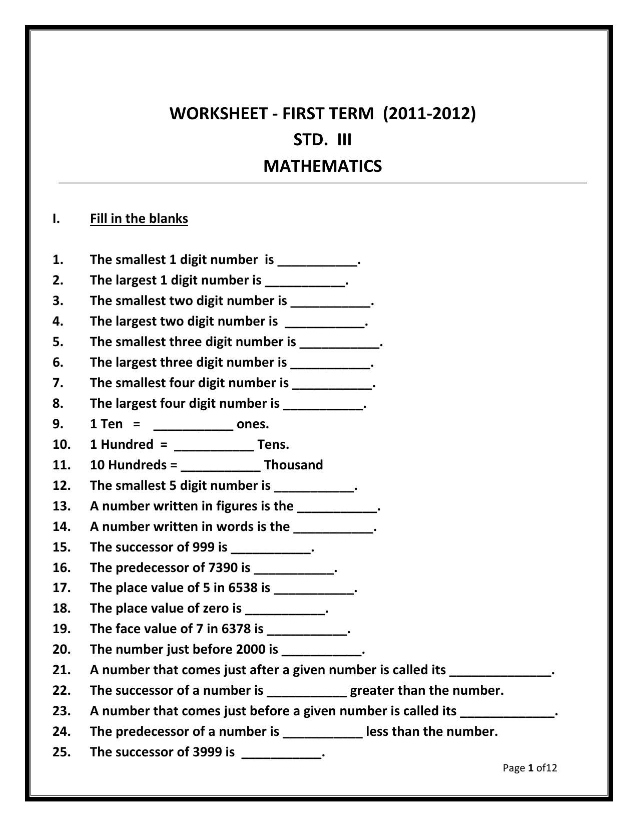 Worksheet for Class 3 Mathematics Assignment 105 - IndCareer Docs