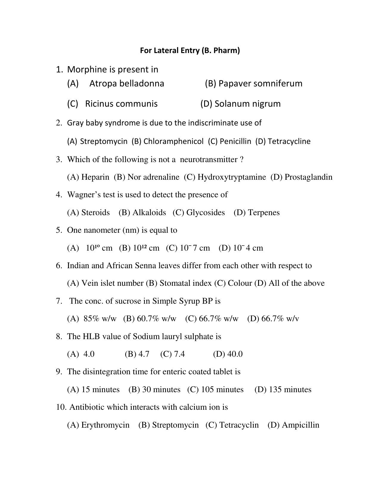 OJEE 2014 Lateral Entry (B. Pharm) Question Paper - IndCareer Docs