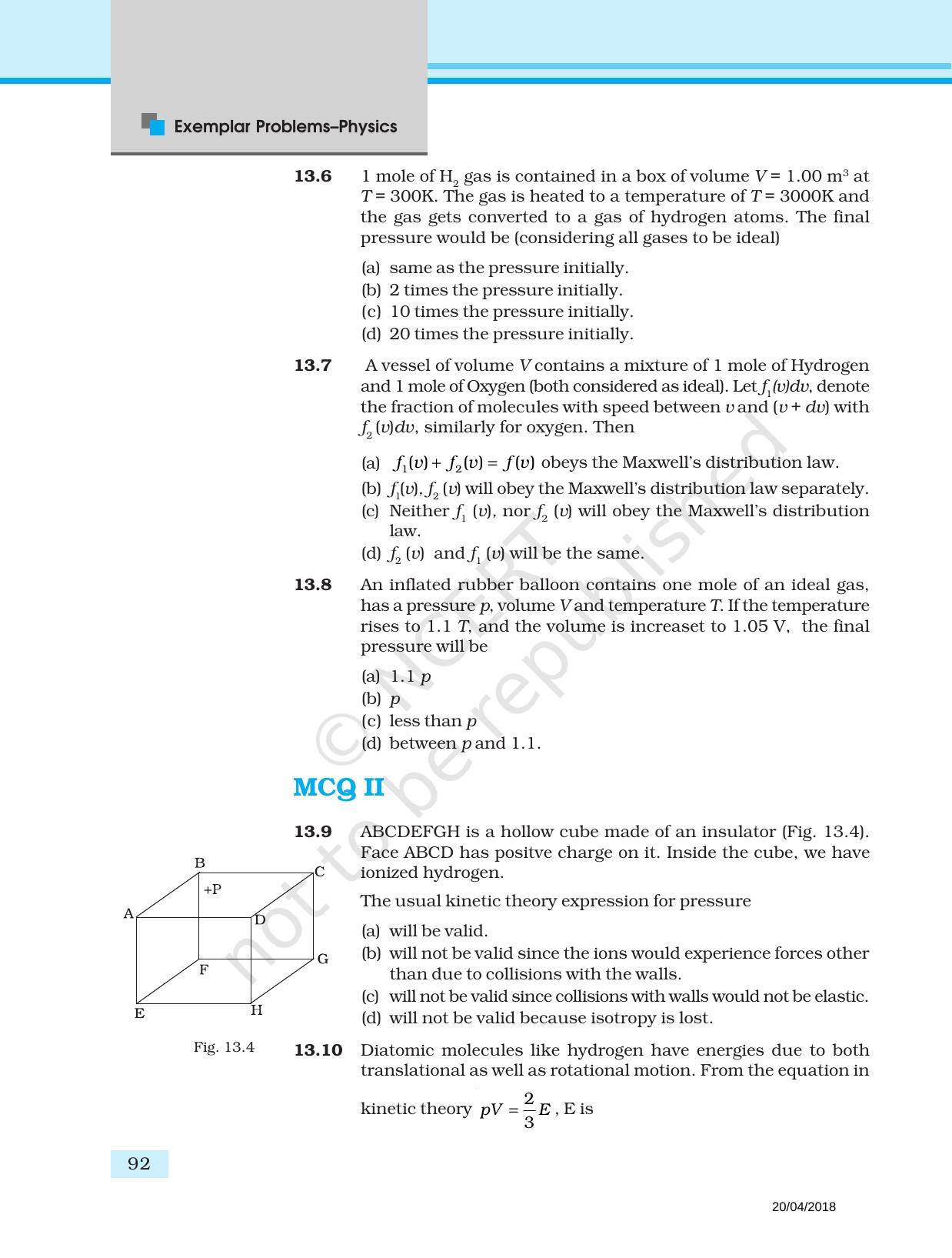 NCERT Exemplar Book for Class 11 Physics Chapter 12 Kinetic Theory