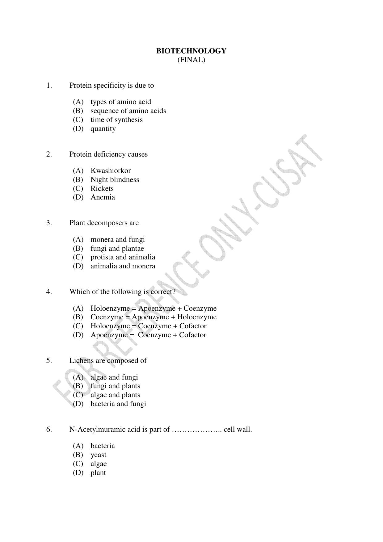 CUSAT CAT 2022 BIOTECHNOLOGY Question Paper - IndCareer Docs