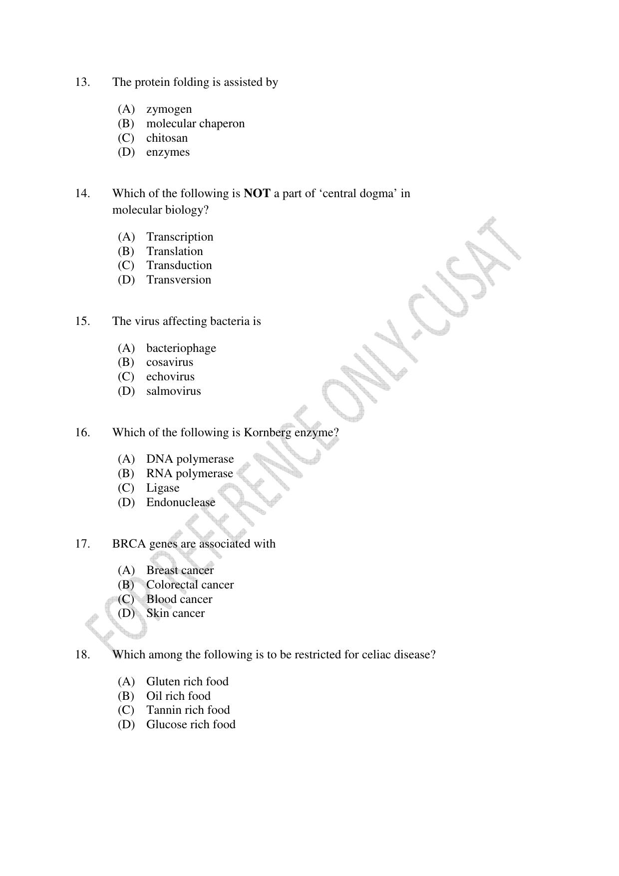 CUSAT CAT 2022 BIOTECHNOLOGY Question Paper - IndCareer Docs